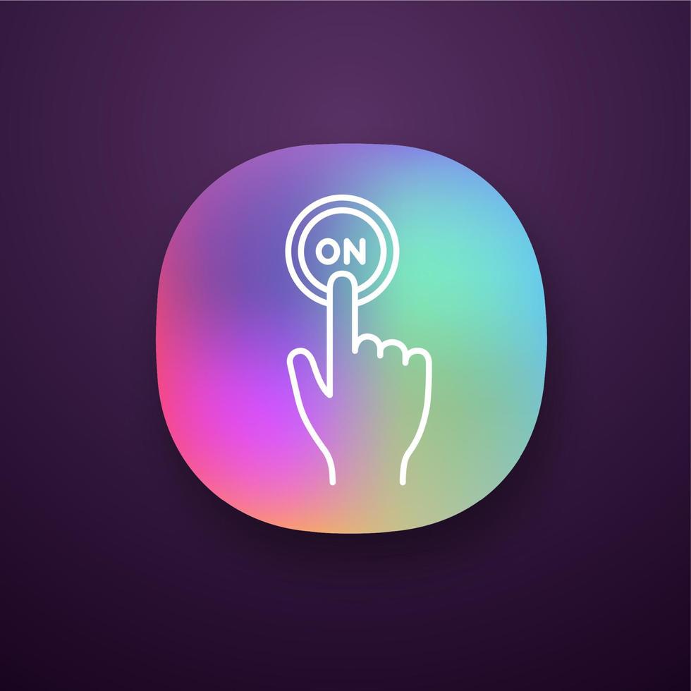 Turn on button click app icon. Power. Hand pressing button. UI UX user interface. Web or mobile ...