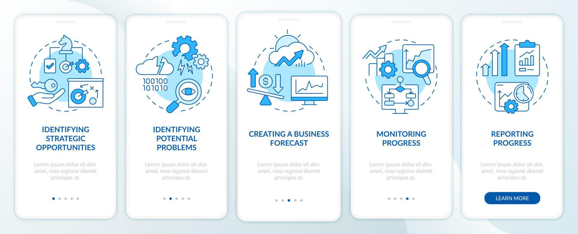 Business analyst responsibilities blue onboarding mobile app screen. Walkthrough 5 steps graphic ...