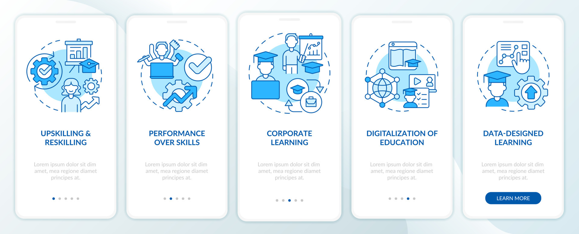 High Demand Skills In Development Blue Onboarding Mobile App Screen Walkthrough 5 Steps Graphic