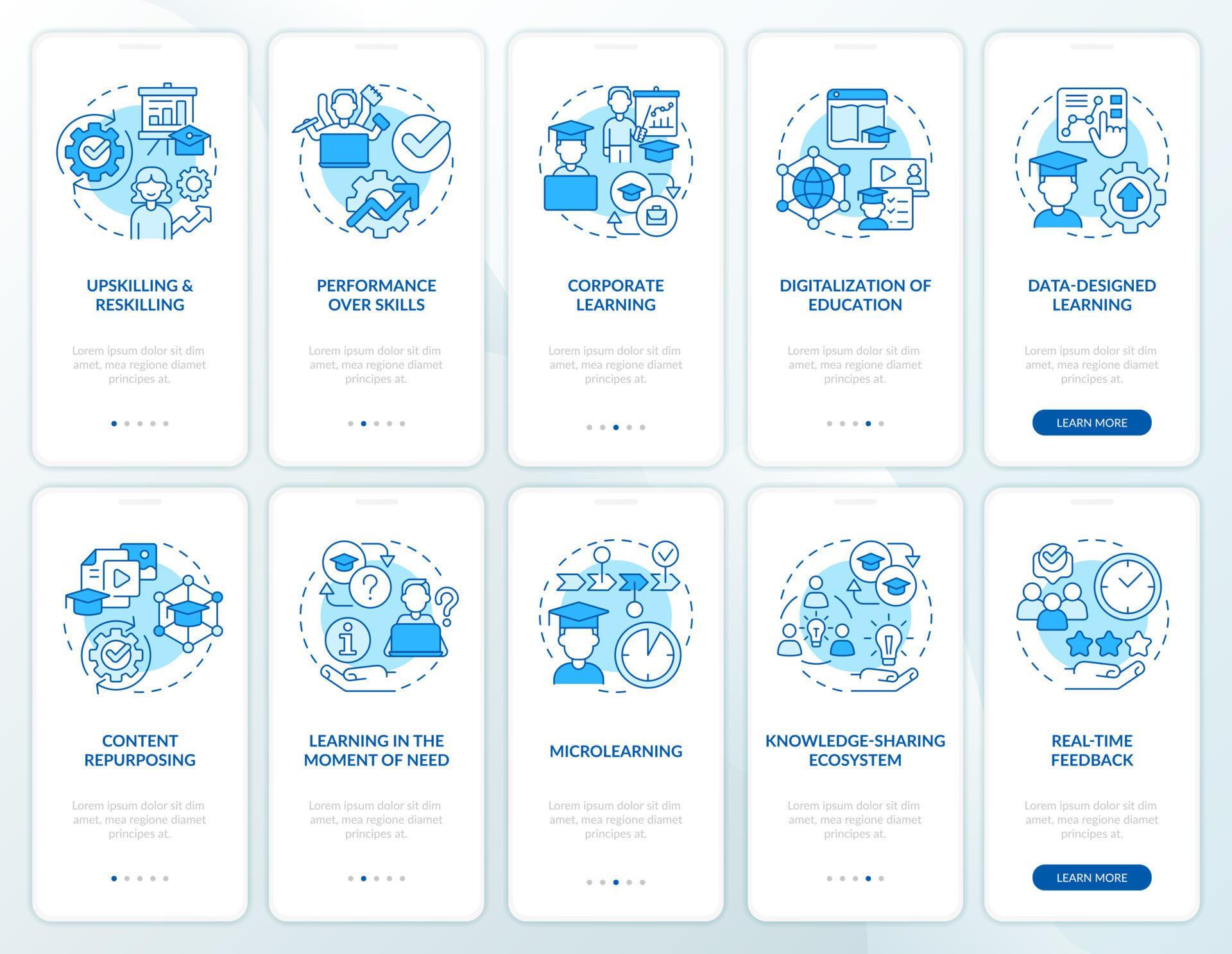 Emerging skills for professionals blue onboarding mobile app screen set. Walkthrough 5 steps ...