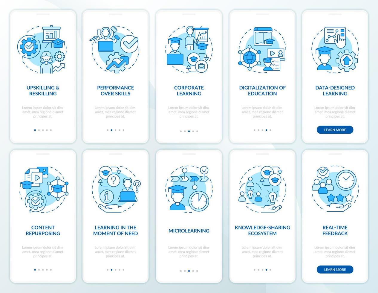 Emerging Skills For Professionals Blue Onboarding Mobile App Screen Set