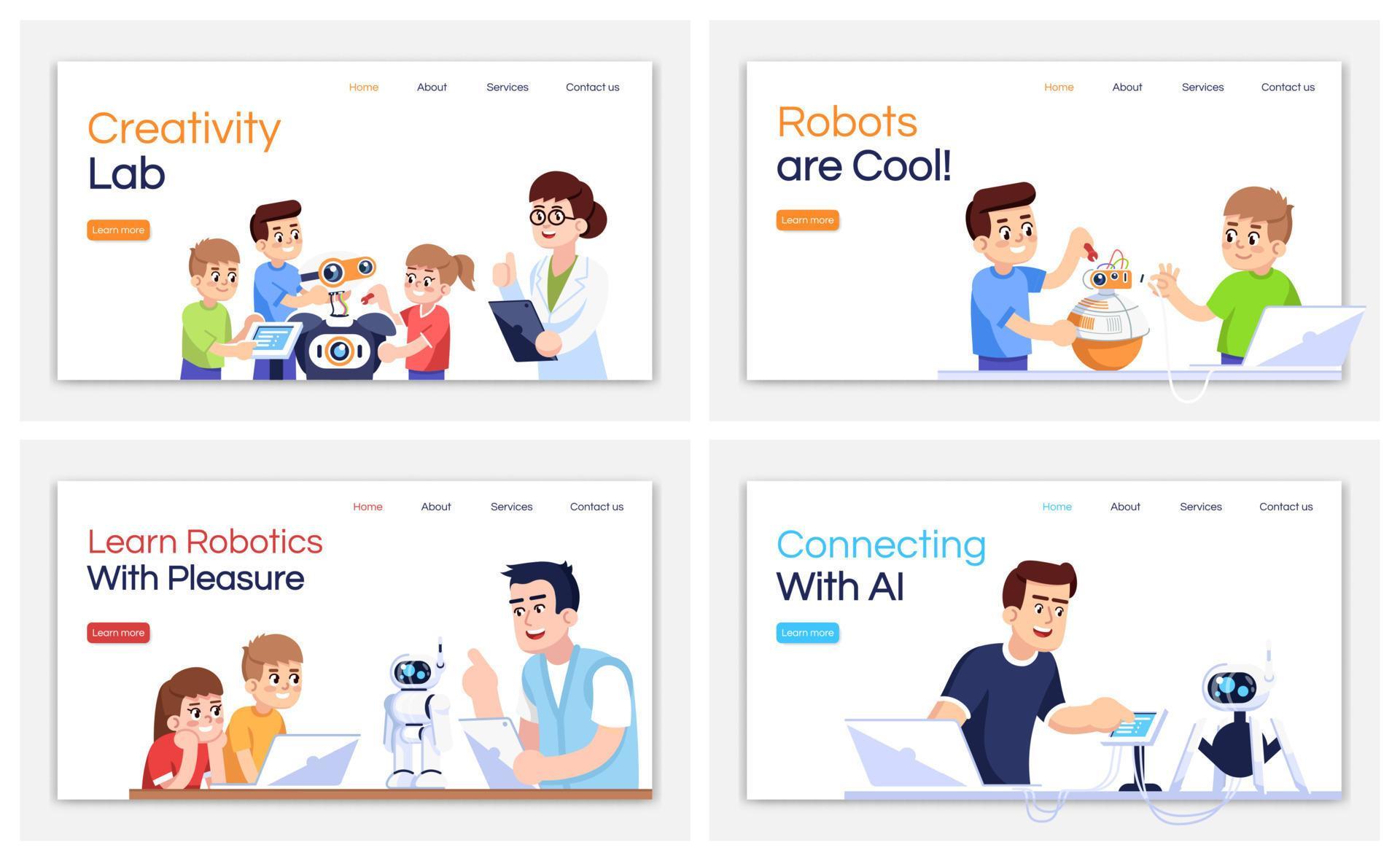 Robotics courses landing pages vector template set. Cybernetics ...