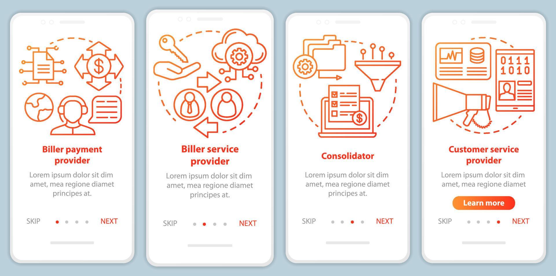 Billing services onboarding mobile app page screen vector template. Biller payment, advice ...