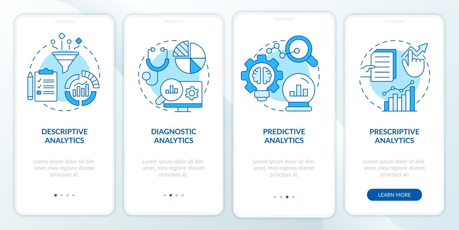Types Of Business Data Analysis Blue Onboarding Mobile App Screen Walkthrough 4 Steps Graphic