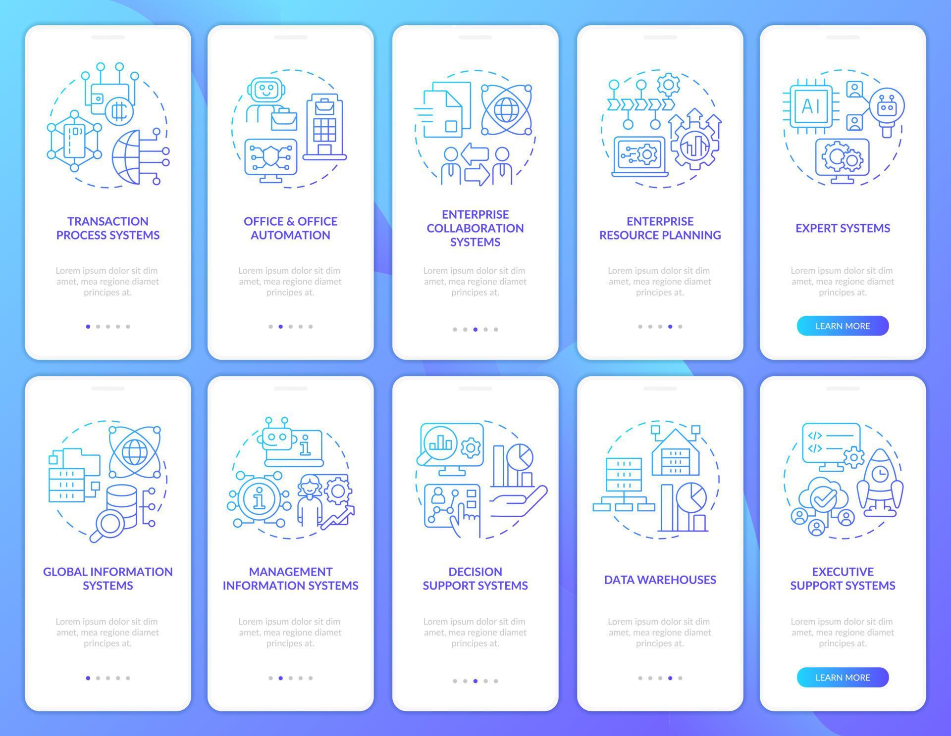 Information Processing Blue Gradient Onboarding Mobile App Screen Set Walkthrough 5 Steps