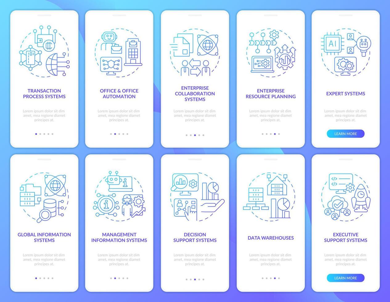 Information processing blue gradient onboarding mobile app screen set. Walkthrough 5 steps ...