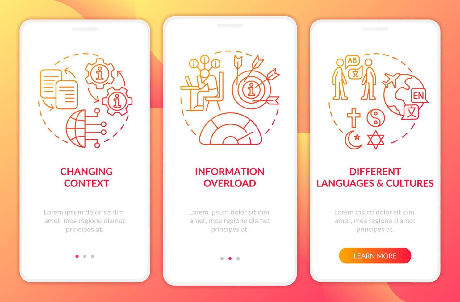 Information industry troubles red gradient onboarding mobile app screen. Walkthrough 3 steps ...