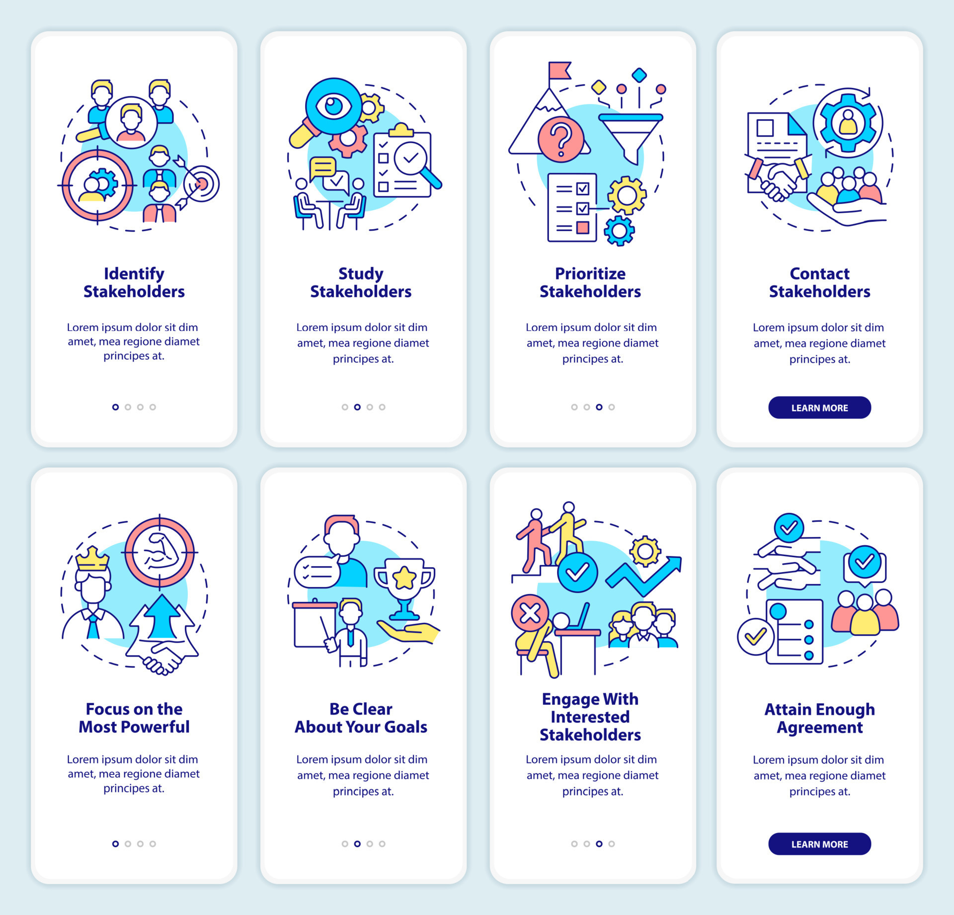 Stakeholder Management And Analysis Onboarding Mobile App Screen Set Walkthrough 4 Steps