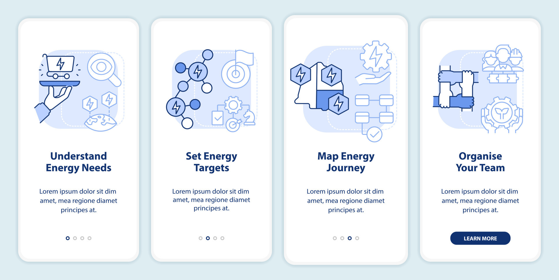 Pathways To Energy Strategy Blue Light Onboarding Mobile App Screen Walkthrough 4 Steps Graphic