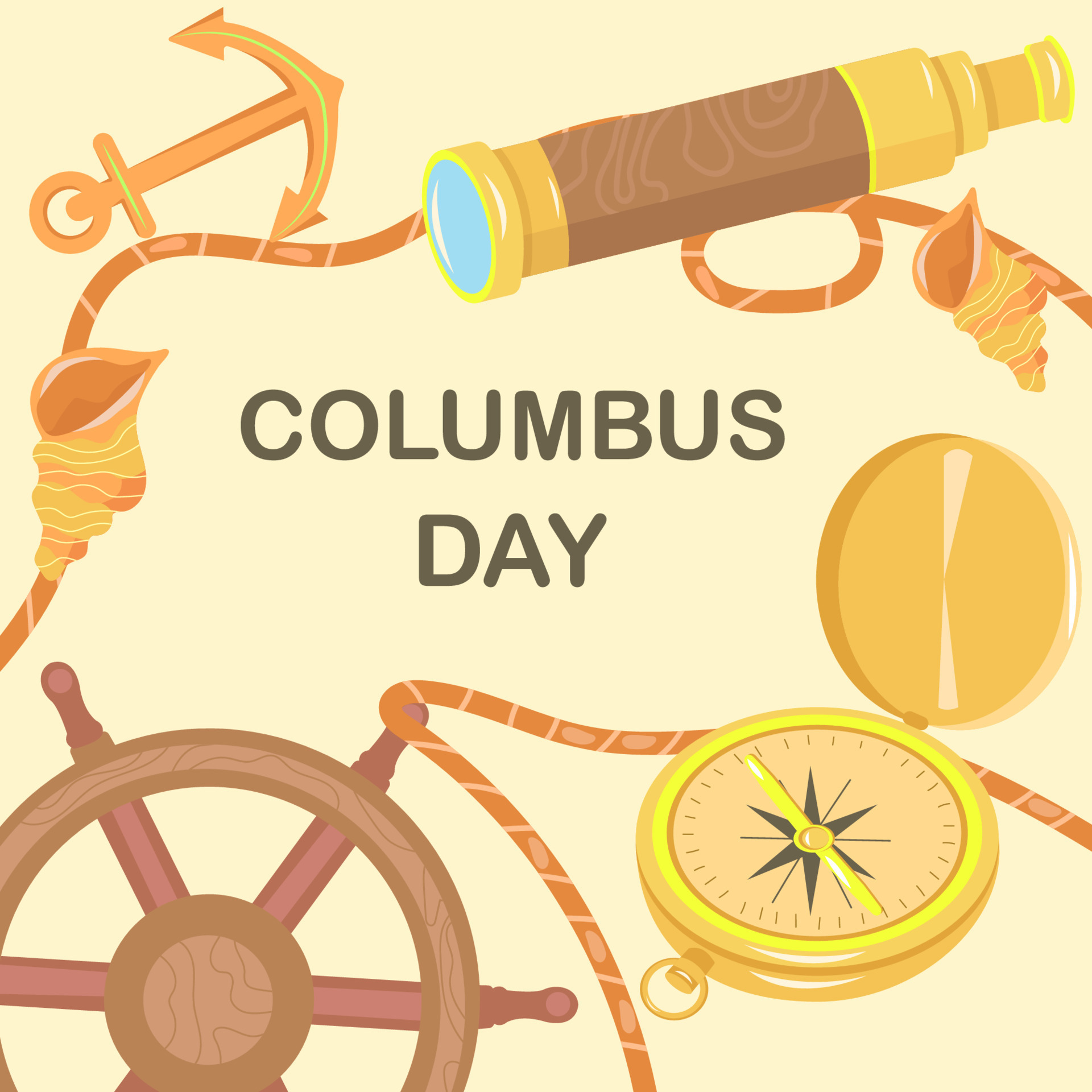 postcard columbus day telescope, steering wheel, rope, shell, compass 11141658 Vector Art at ...