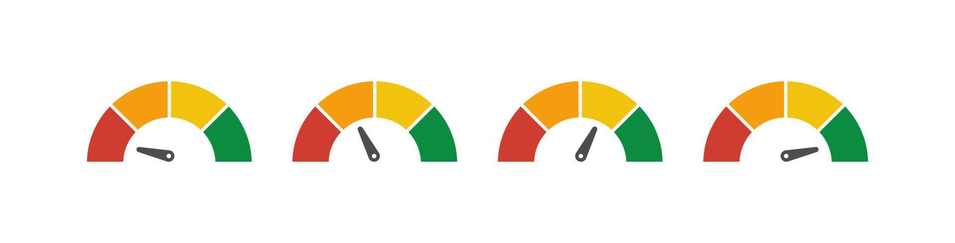 Set Of Vector Speedometer Meter With Arrow For Dashboard With Green Yellow Red Indicators
