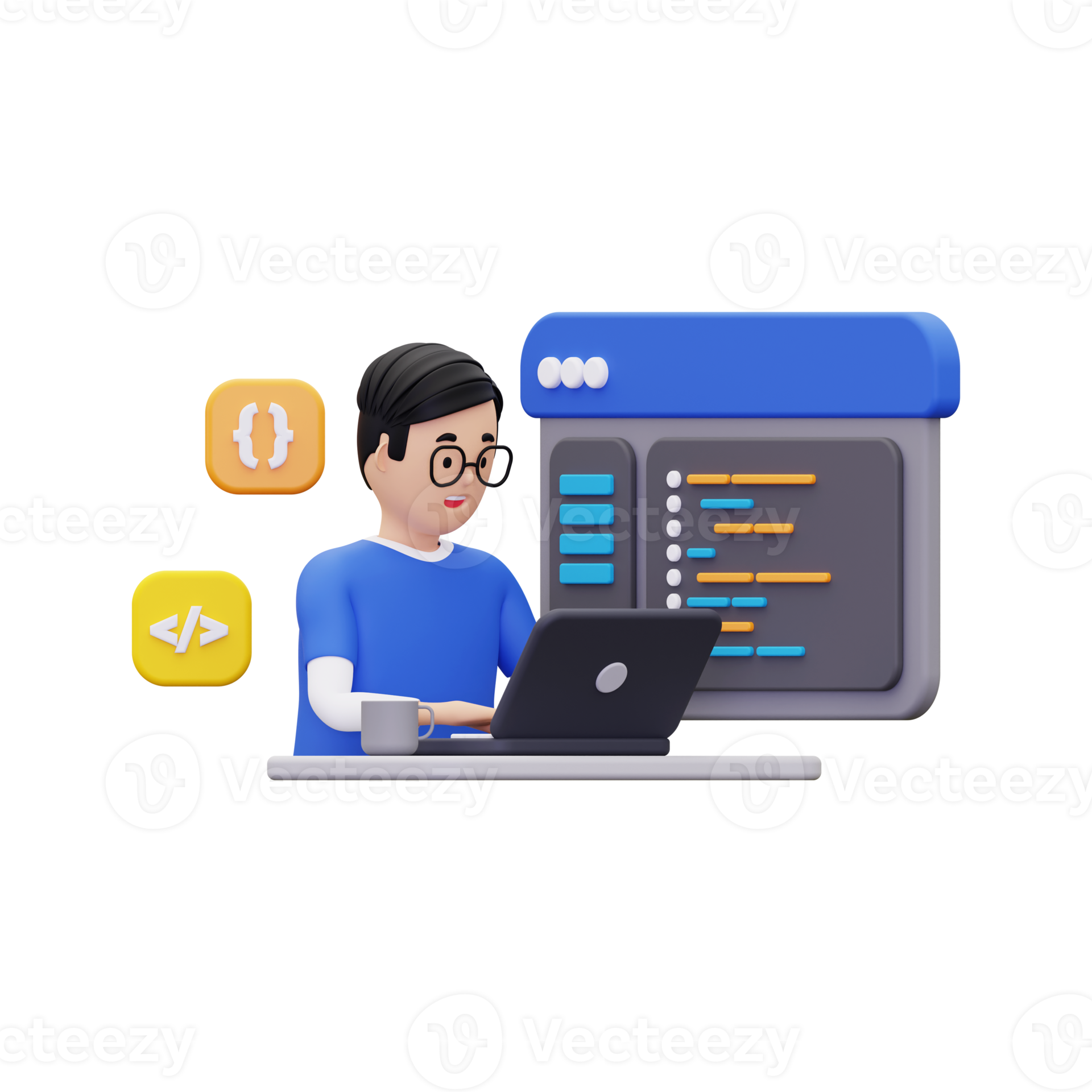 3d Website Developer Working On Laptop Illustration 11153359 Png