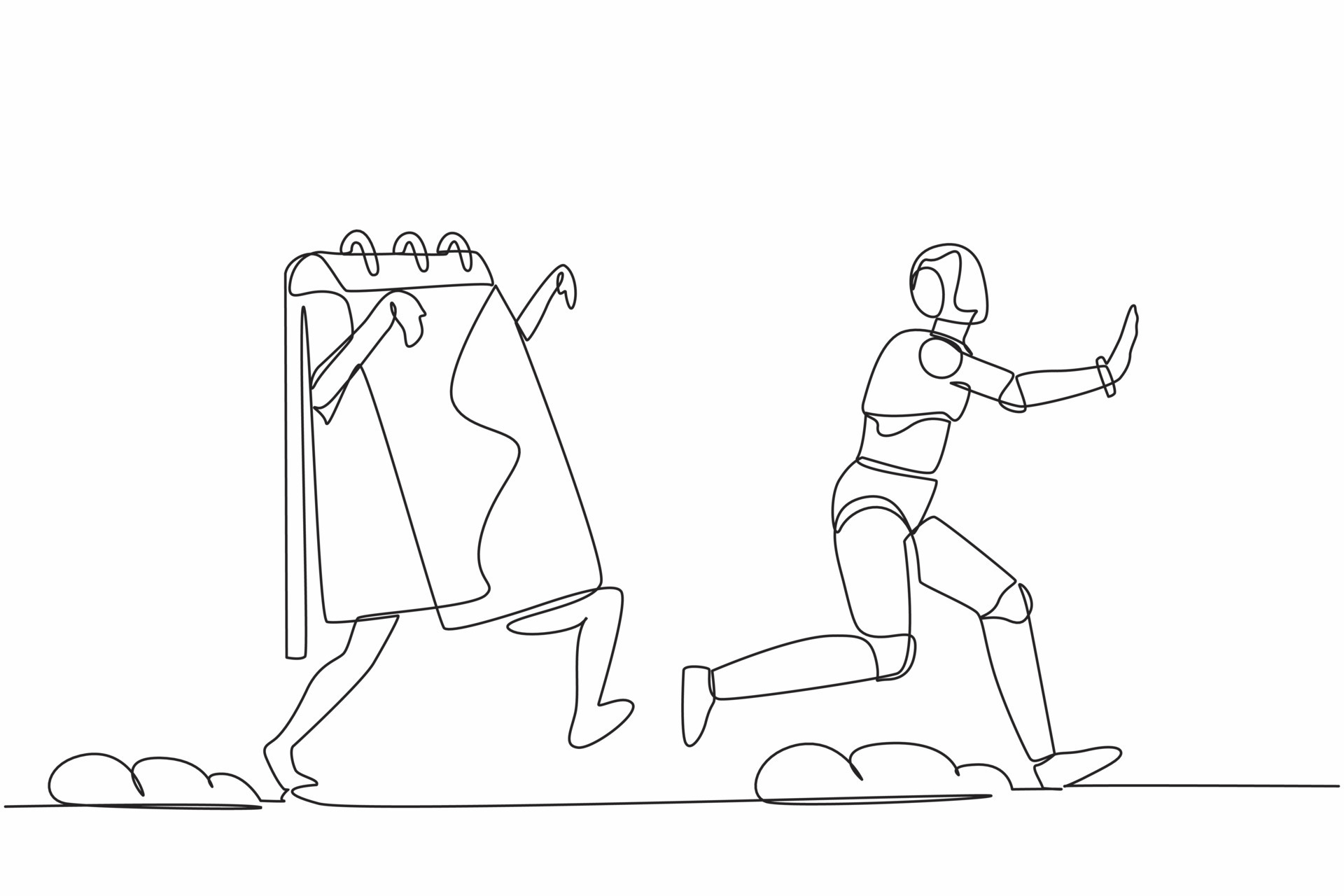 Continuous one line drawing stressed robot being chased by calendar ...