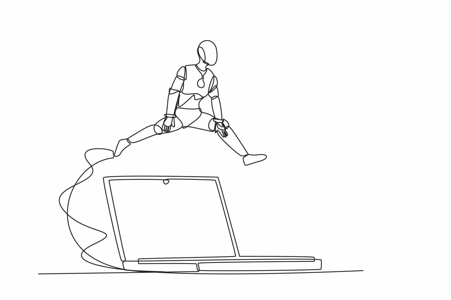 Single one line drawing robot jumping over big laptop computer. Office system information ...