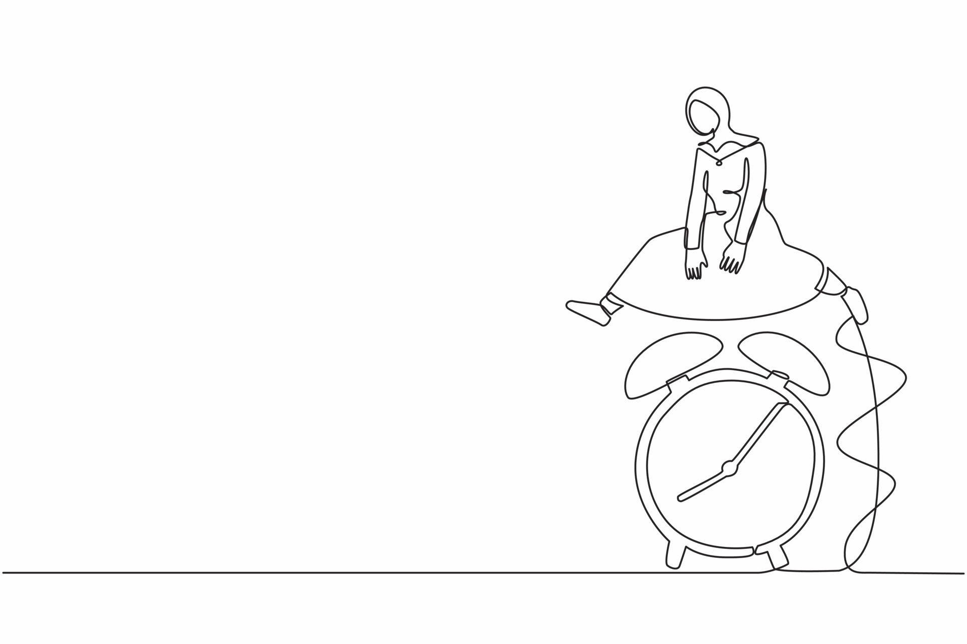 Single Continuous Line Drawing Arabian Businesswoman Jump Over Alarm Clock Business Deadline Or