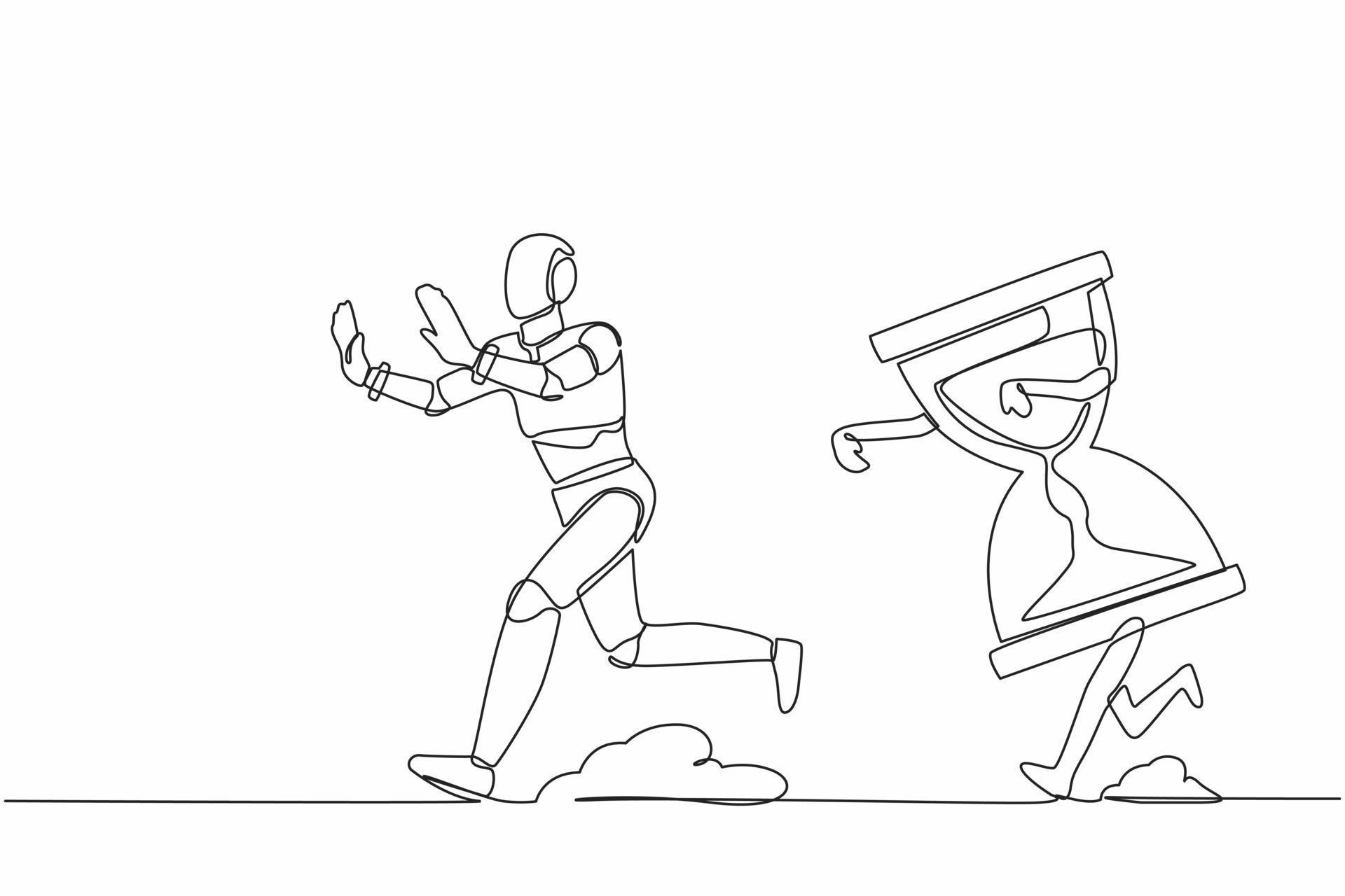 Single continuous line drawing stressed robot being chased by hourglass ...