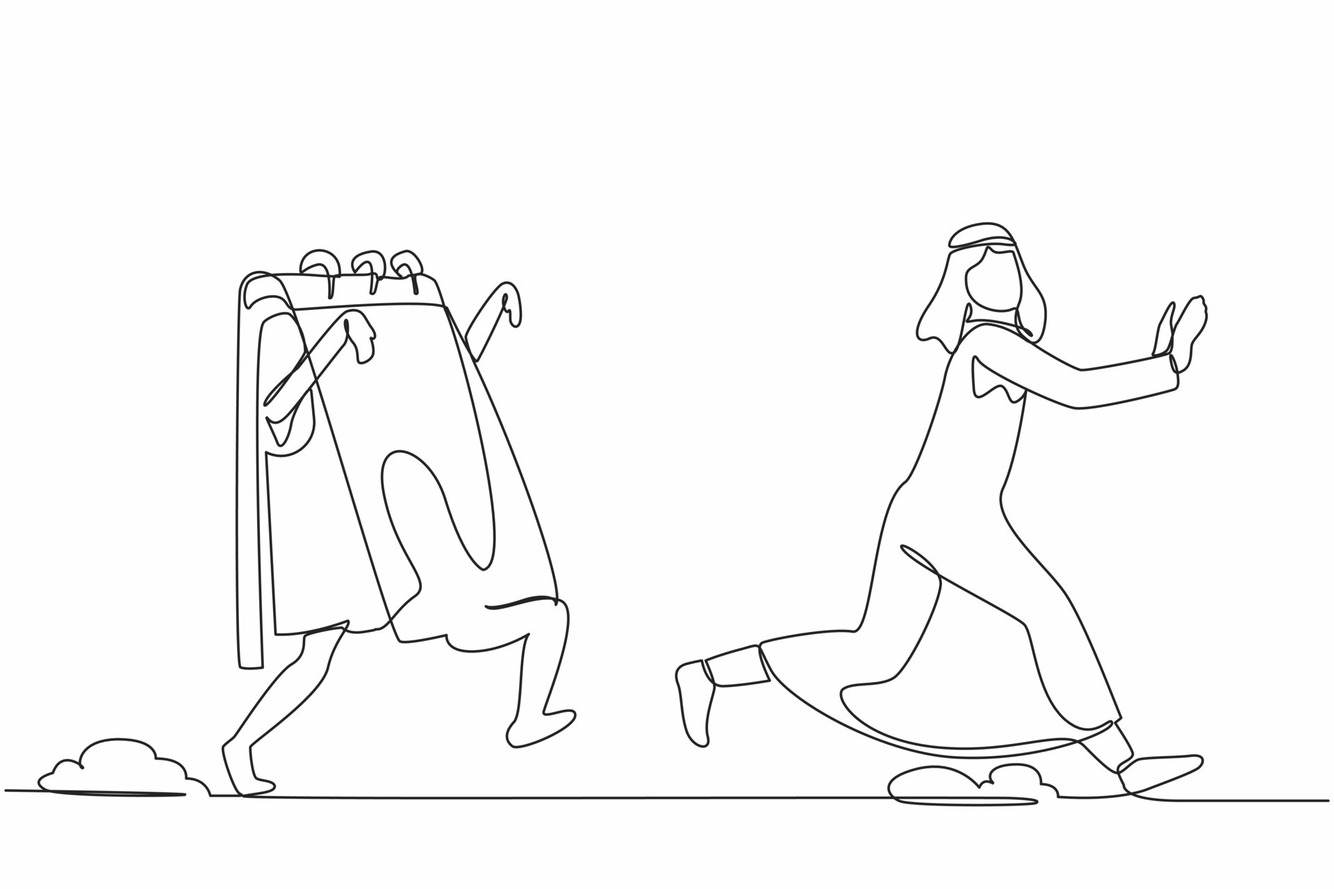 Single one line drawing unhappy Arabian businessman being chased by calendar. Office employee ...