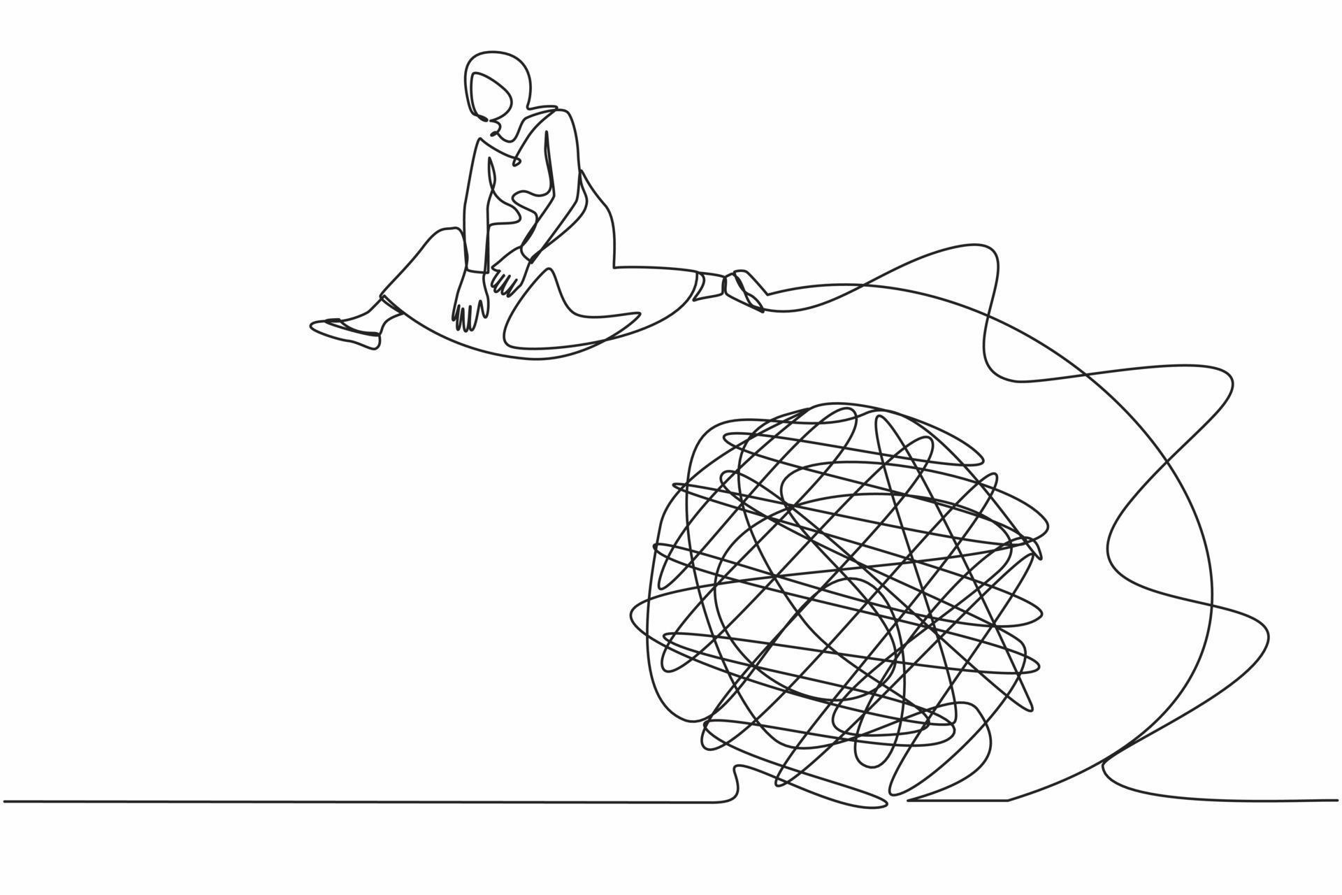 Continuous one line drawing Arab businesswoman jumping over tangled scribble. Solution looking ...