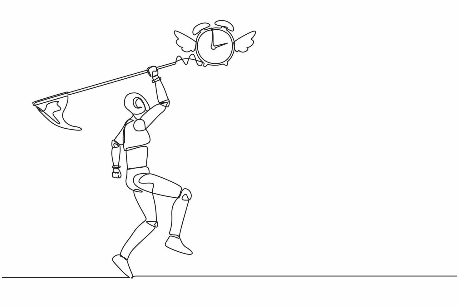 Single Continuous Line Drawing Robot Try To Catching Flying Alarm Clock With Butterfly Net