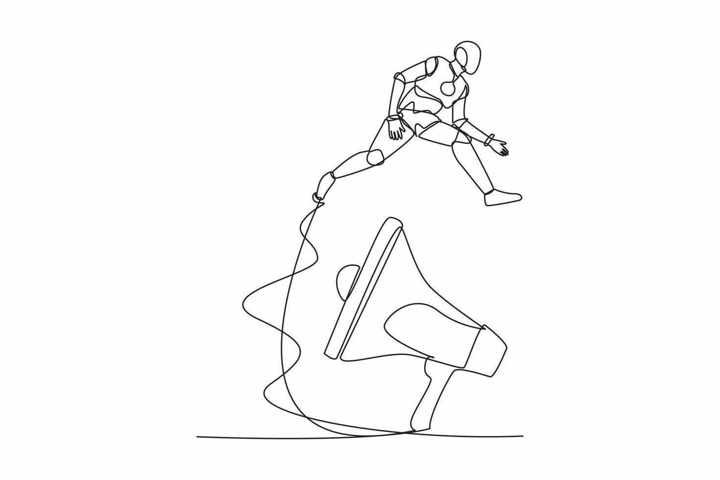 Single continuous line drawing robot jumping over big megaphone. Loudspeaker technology ...