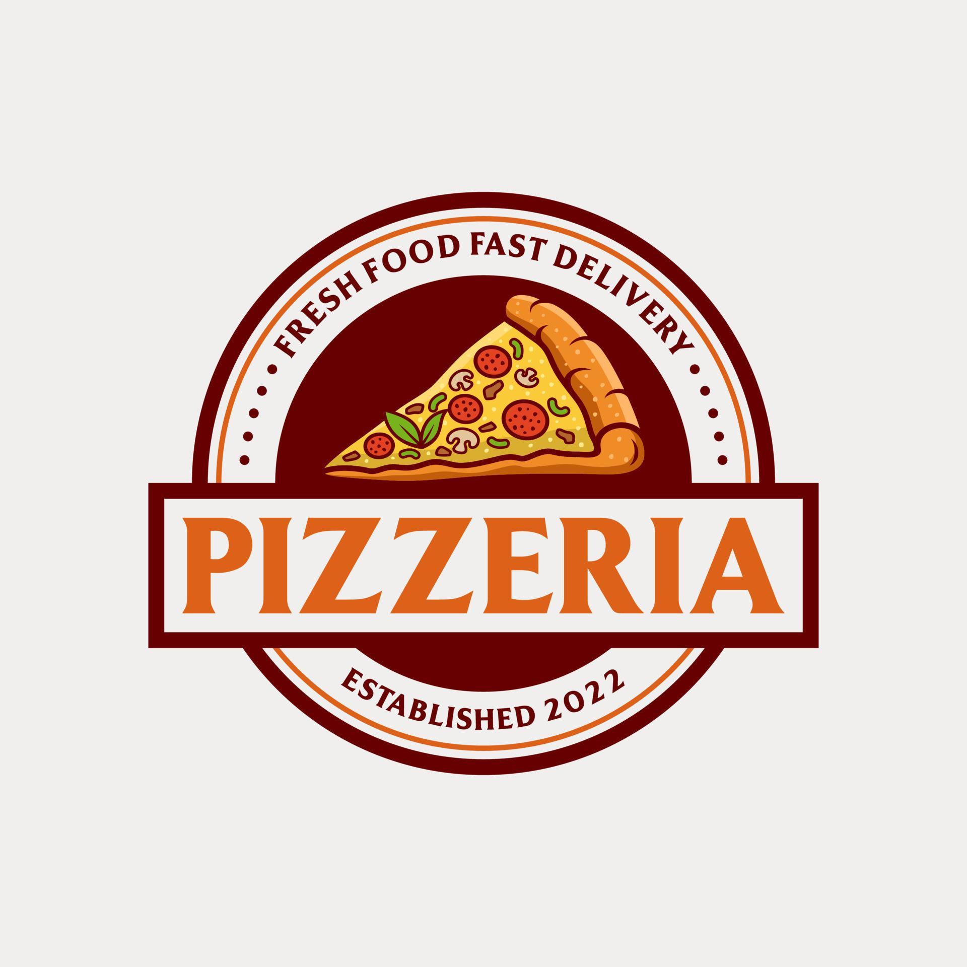 Pizzeria Vector Emblem on blackboard. Pizza logo template. Vector emblem for cafe, restaurant or ...