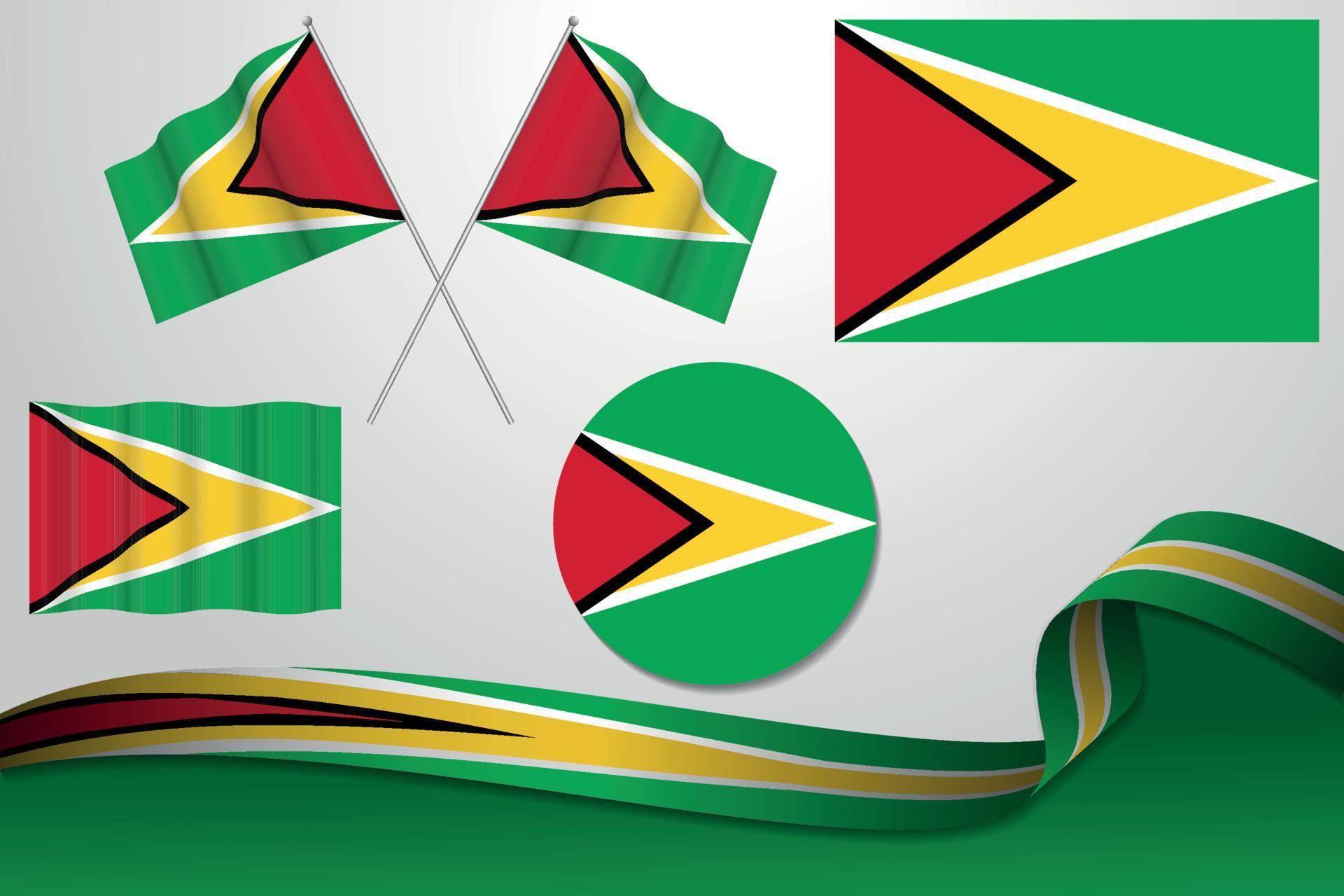 Set Of Guyana Flags In Different Designs, Icon, Flaying Flags And ribbon With Background ...
