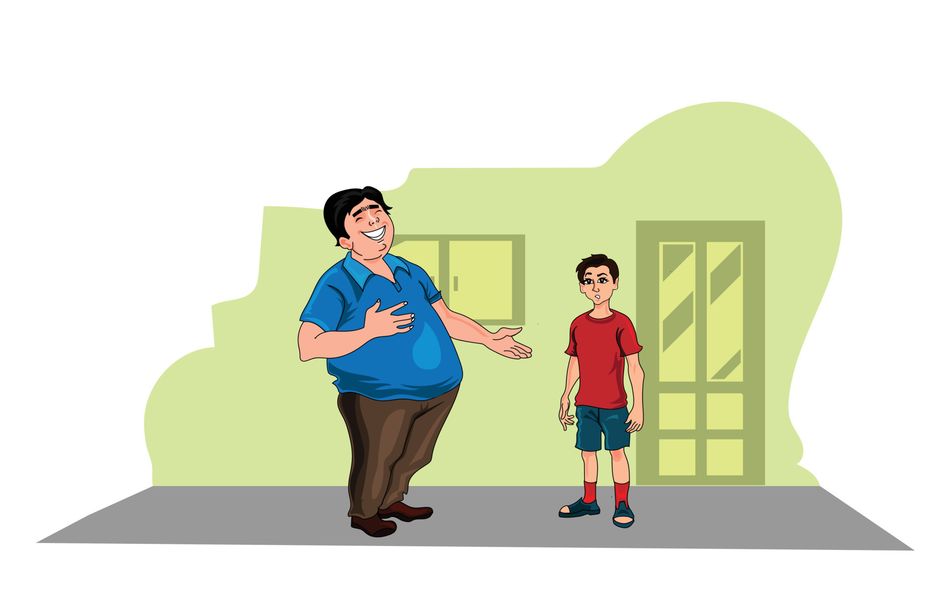 Cartoon Of Two Friends Standing And Talking Together With House