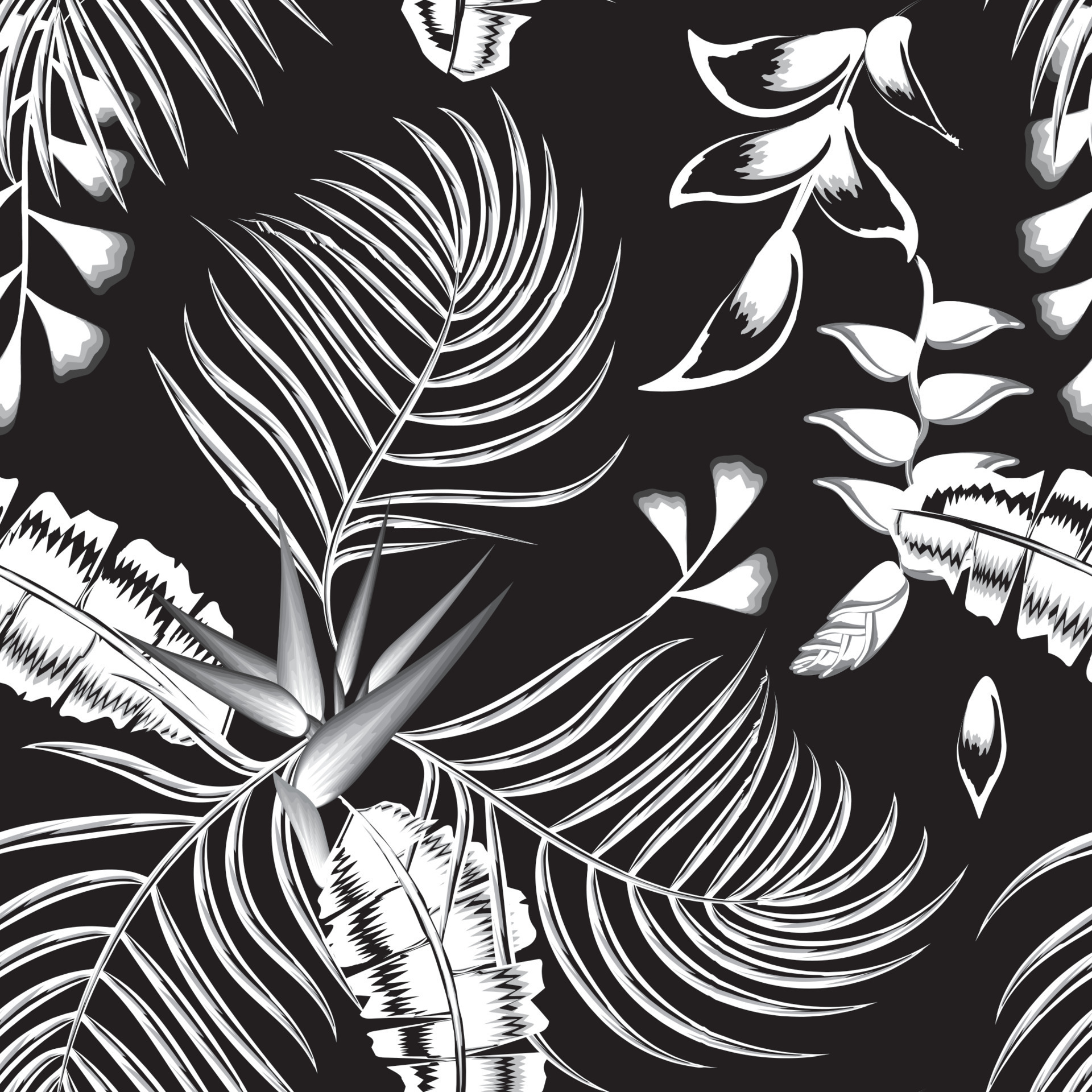 Black And White Vintage Color Tropical Heliconia Flowers Seamless