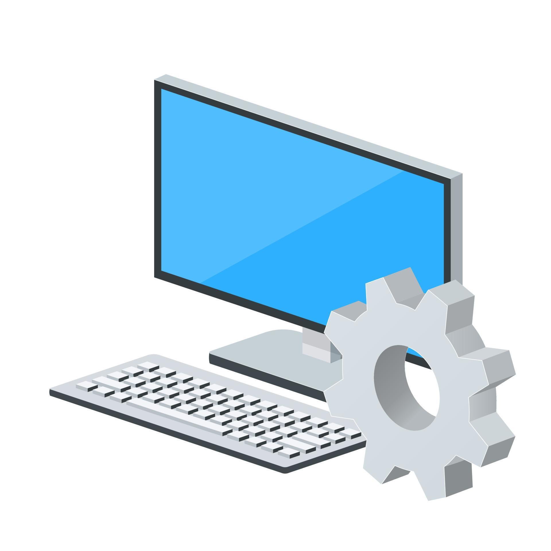 Personal computer or system unit with gear icon Settings icon or ...