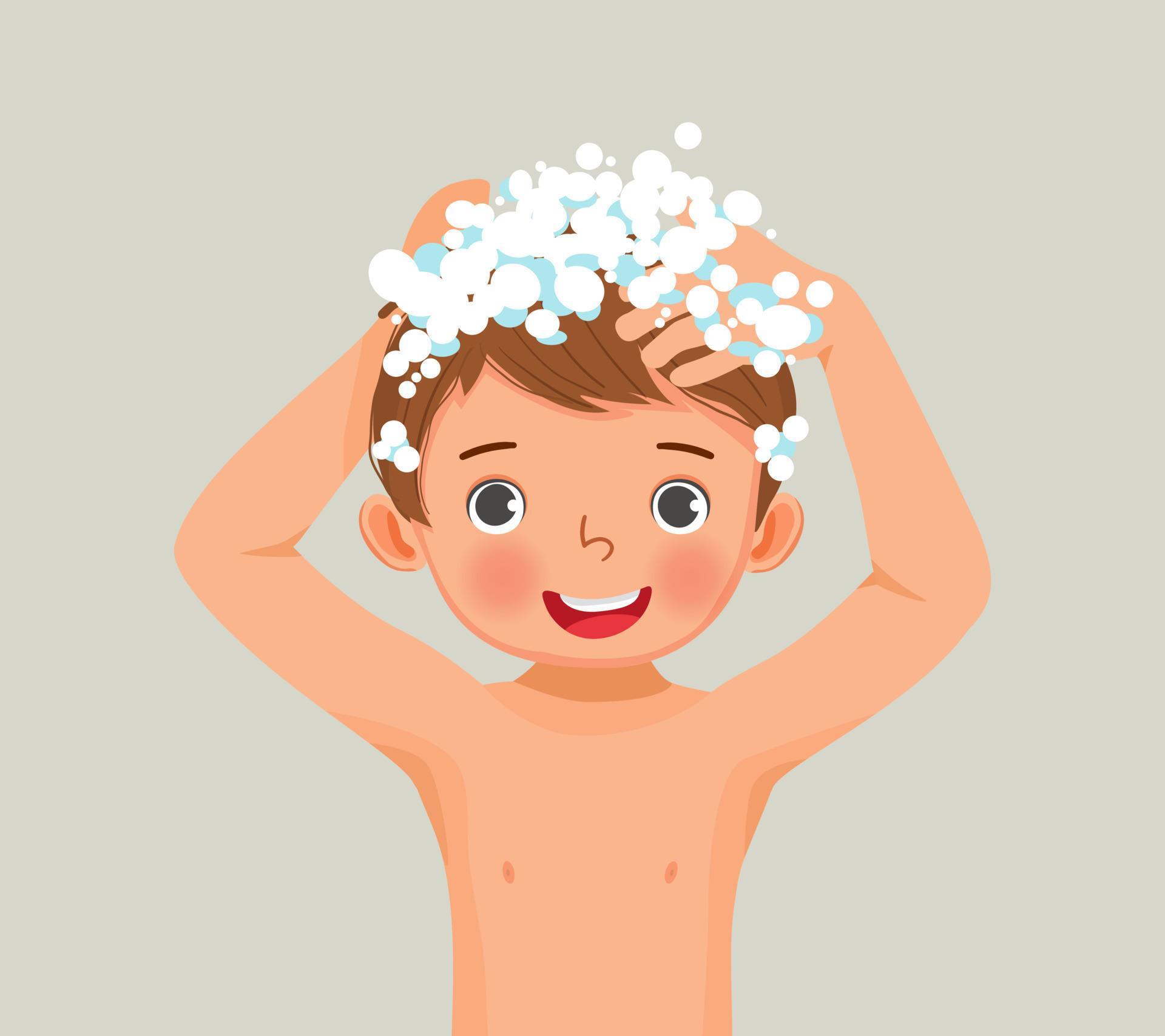 Lindo Niño Lavándose El Pelo Con Champú En El Baño 11187896 Vector En