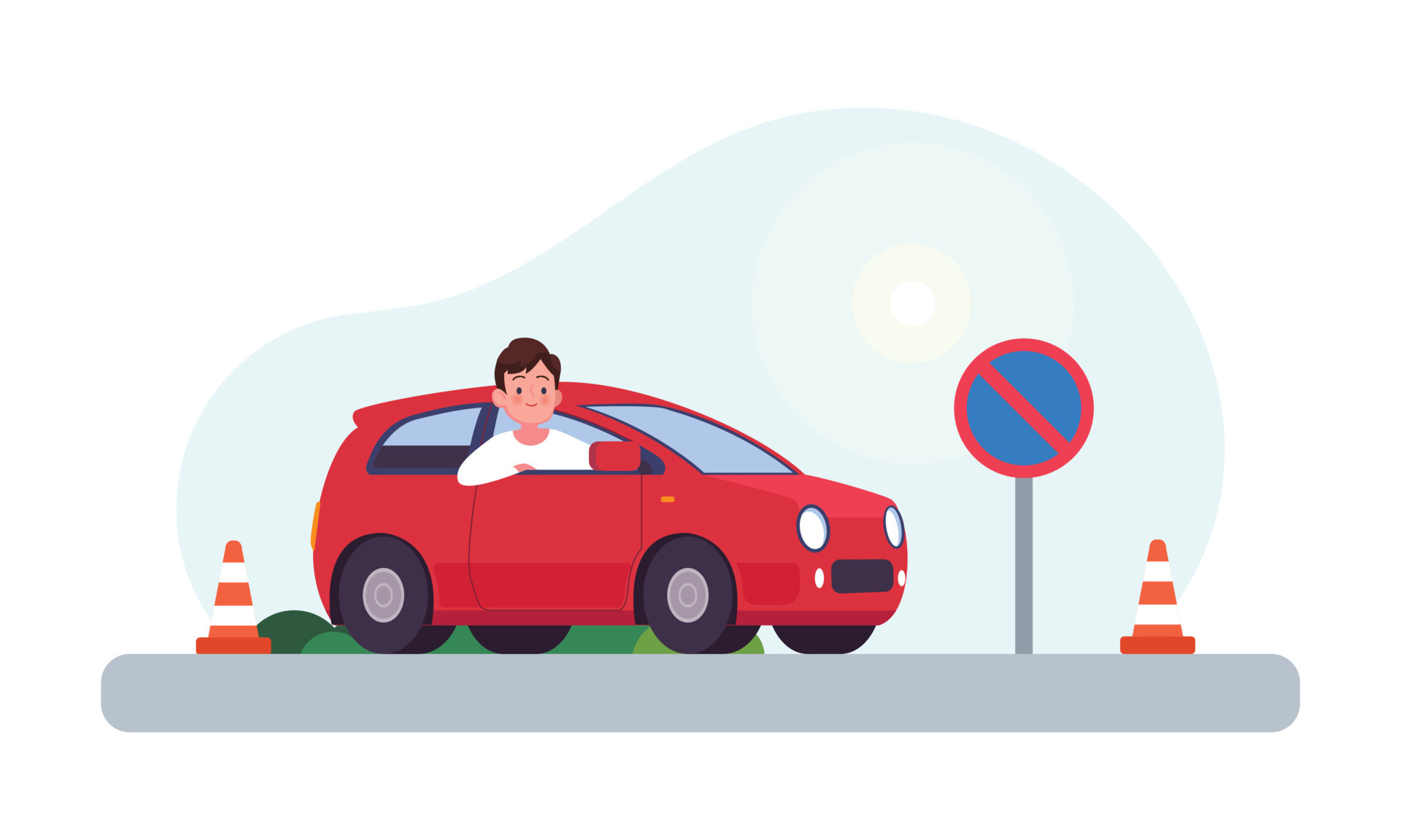 Young man siting in red driving school car outdoor 11190562 Vector Art ...