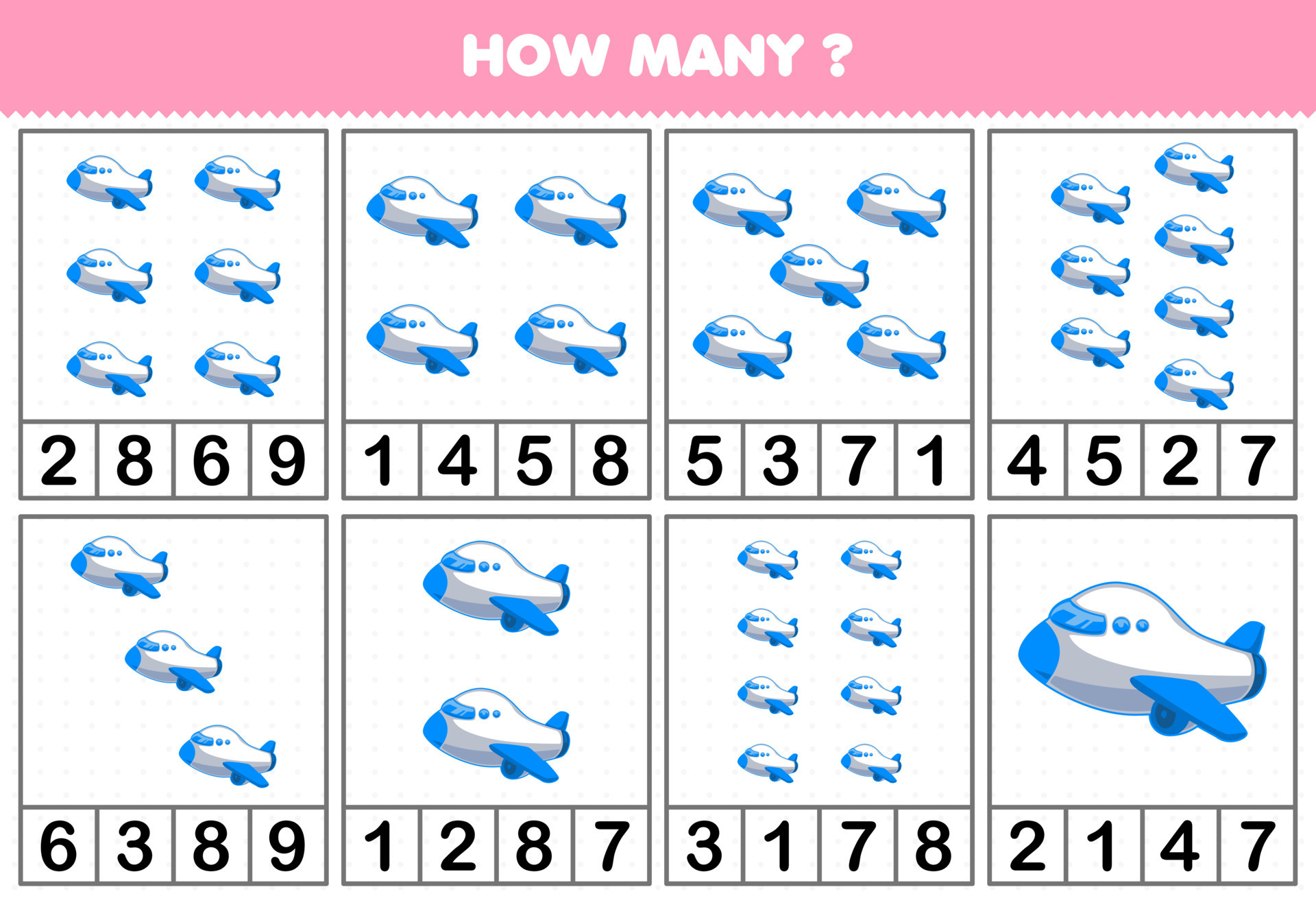 Education game for children counting how many objects in each table of cartoon plane air ...