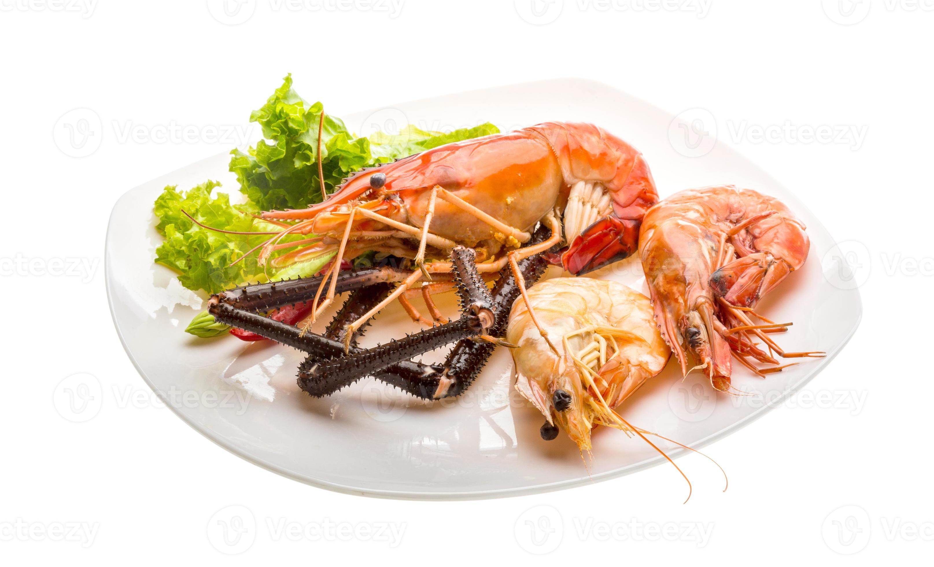 Giant Freshwater Prawn And King Prawns On The Plate And White