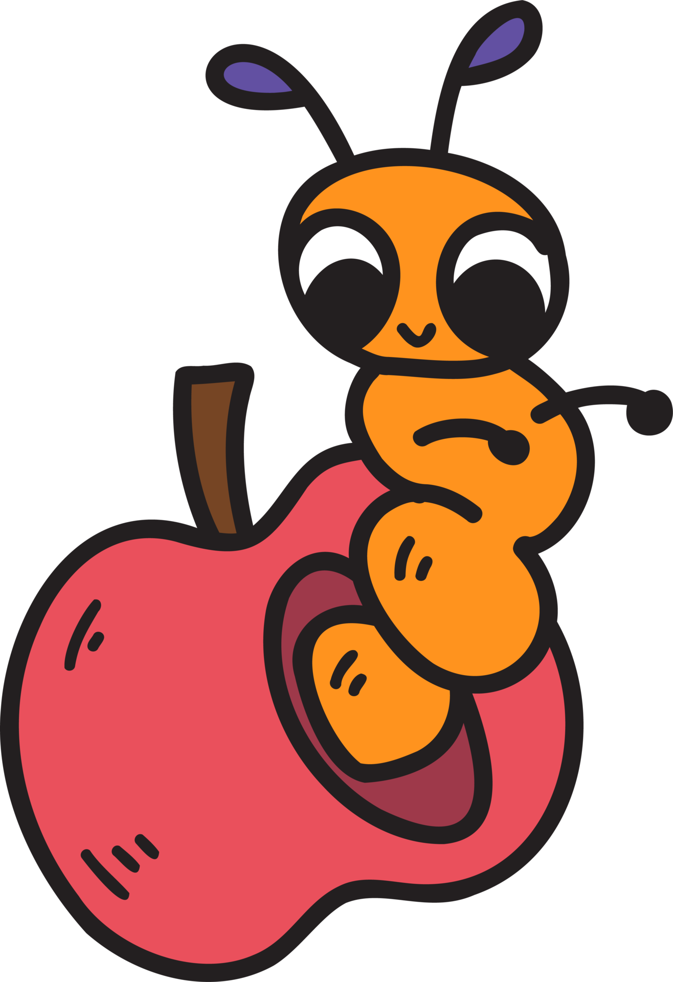 Hand Drawn cute worm on apple illustration on transparent background ...
