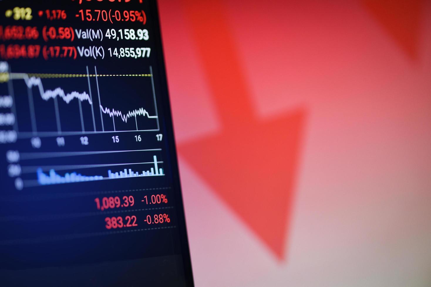 Stock crisis red price drop arrow down chart fall on mobile screen ... Stock crisis red price drop arrow down chart fall on mobile screen ...