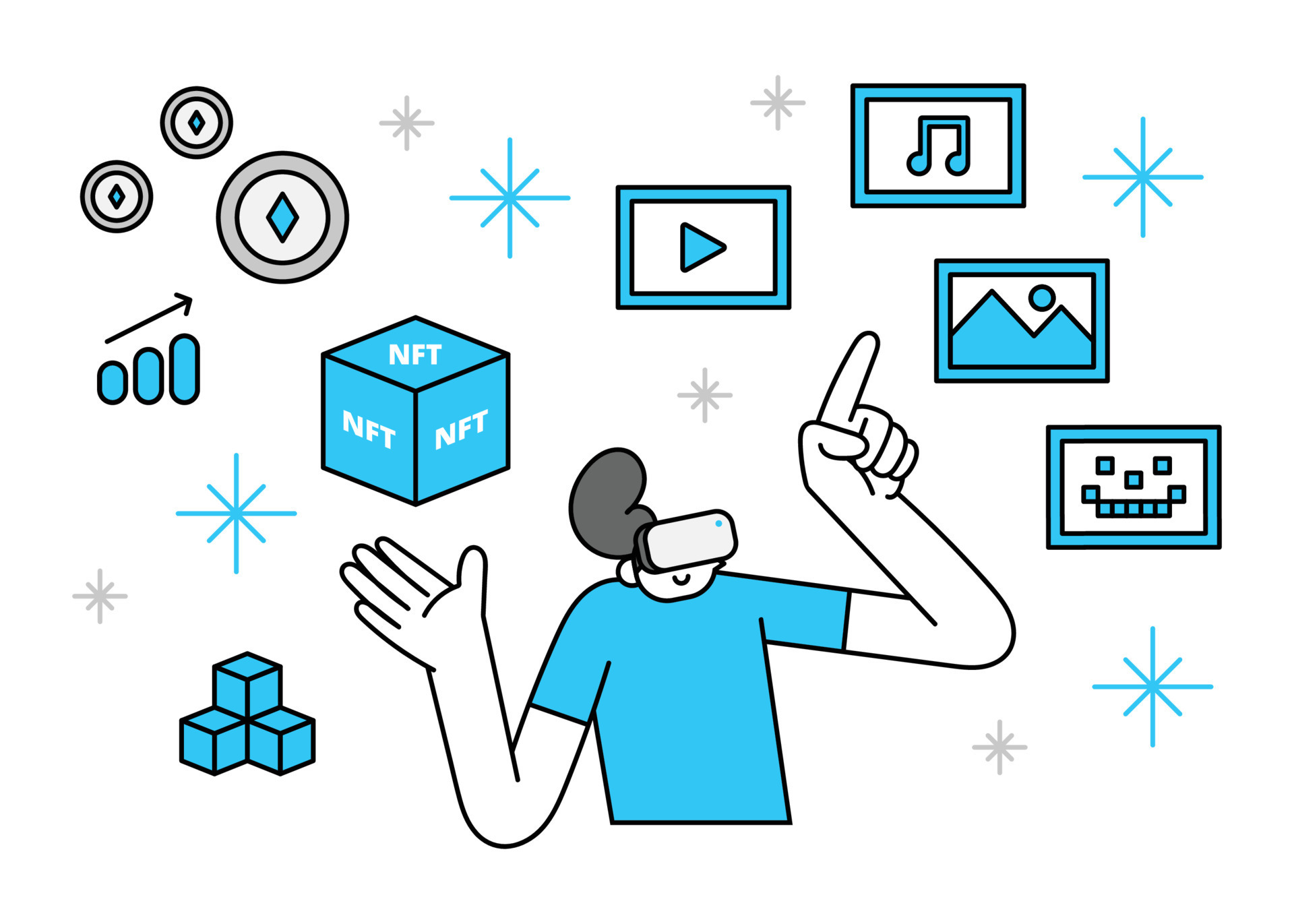 NFT Concept through VR Headset Hand Drawn Character Illustration 11225660 Vector Art at Vecteezy