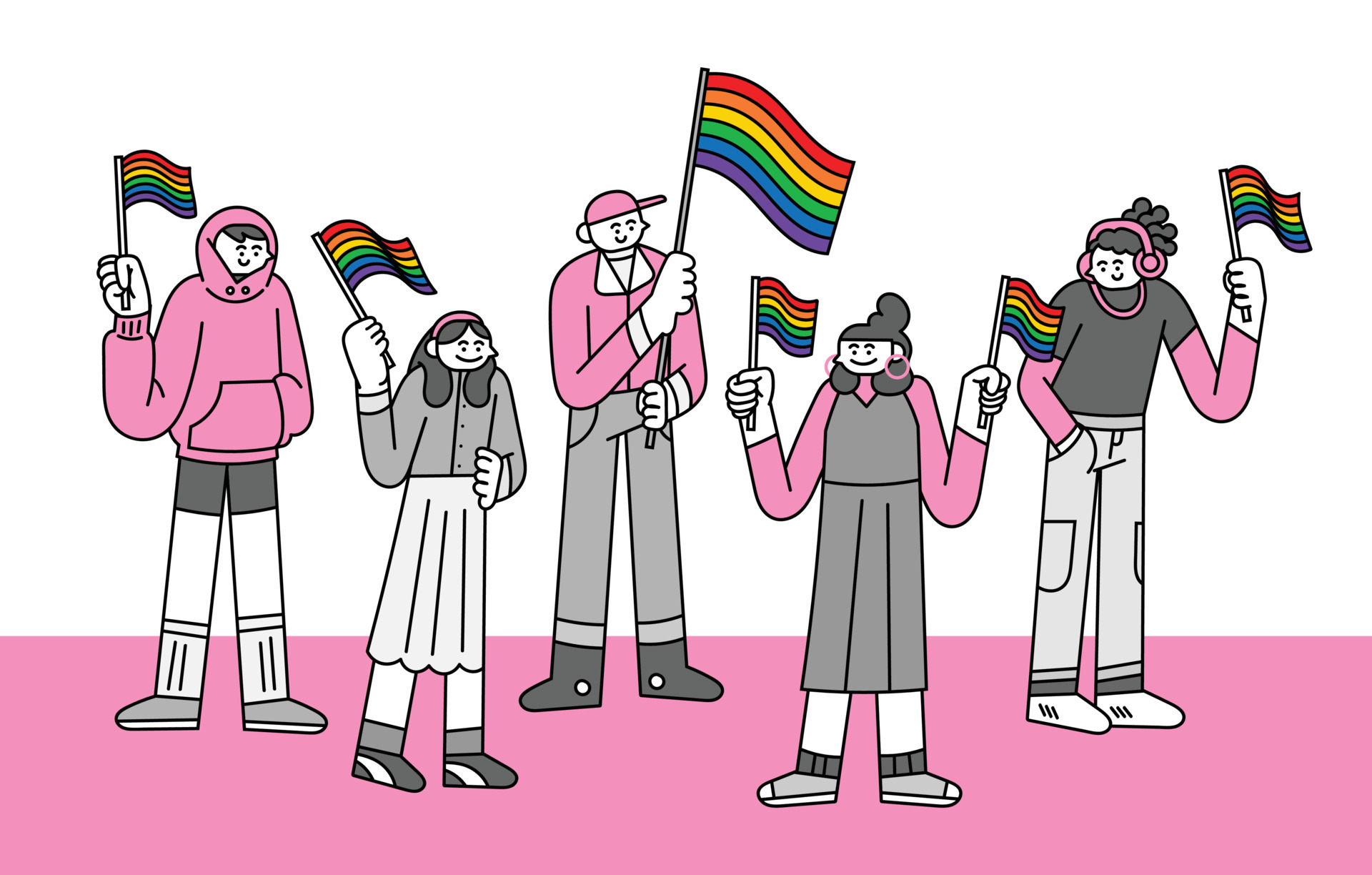 Cool People Standing while Holding Pride Flag Hand Drawn Character ...