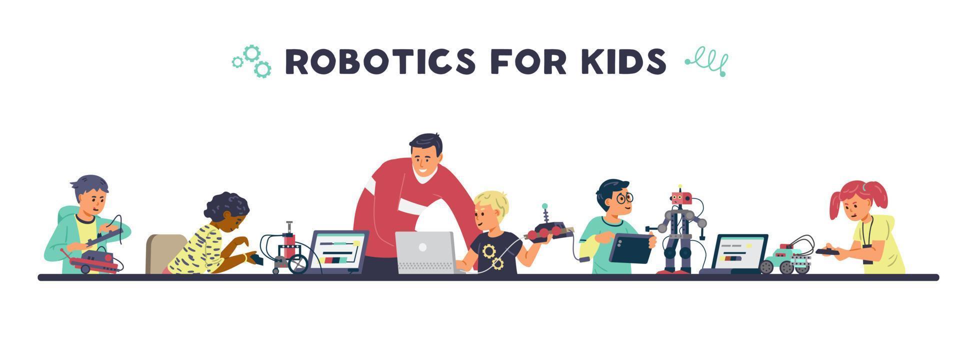 Robotics for kids horizontal vector banner. Children with teacher engineering and programming ...