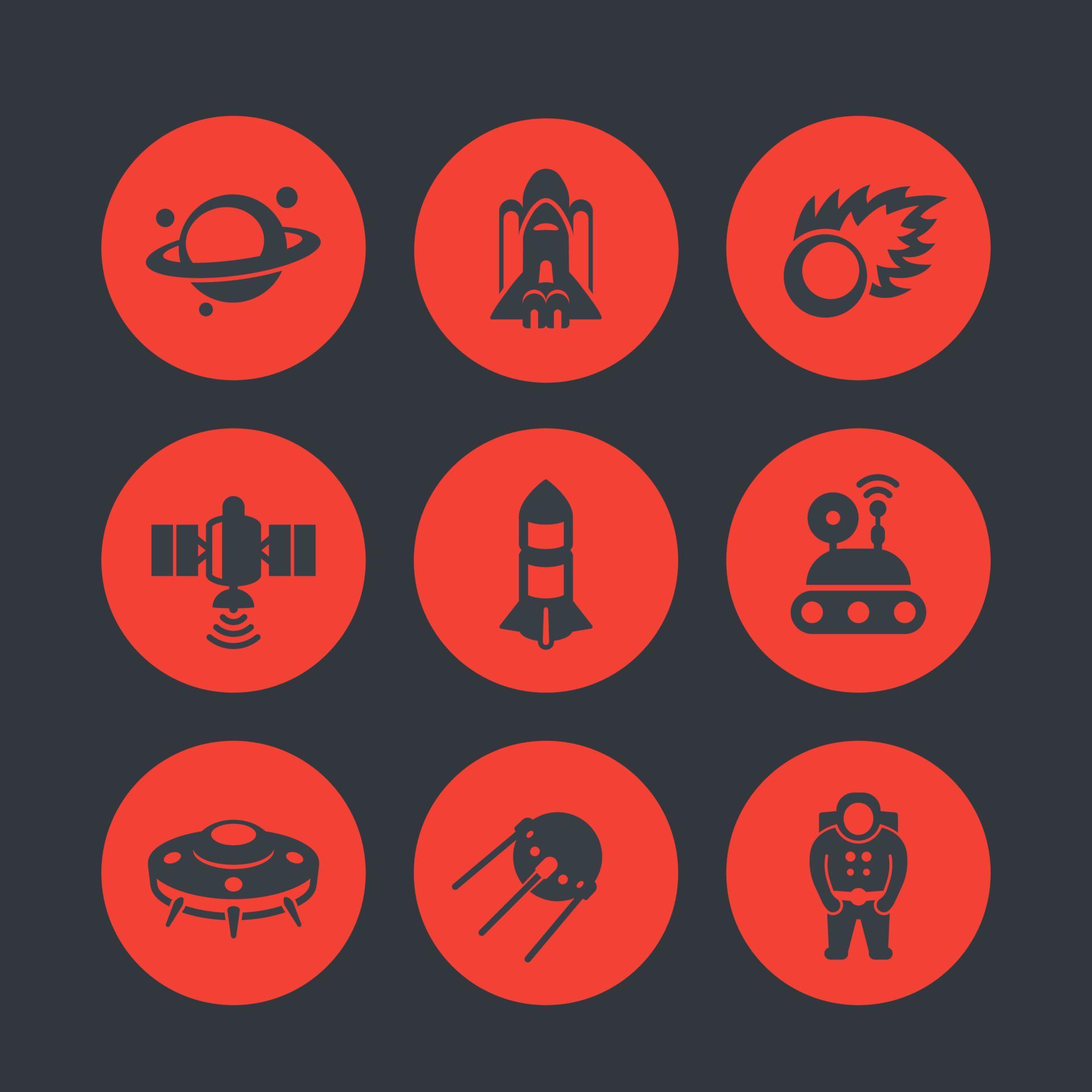 Space icons set, comet, astronaut, UFO, satellite, space probe, shuttle, rocket, planet with ...