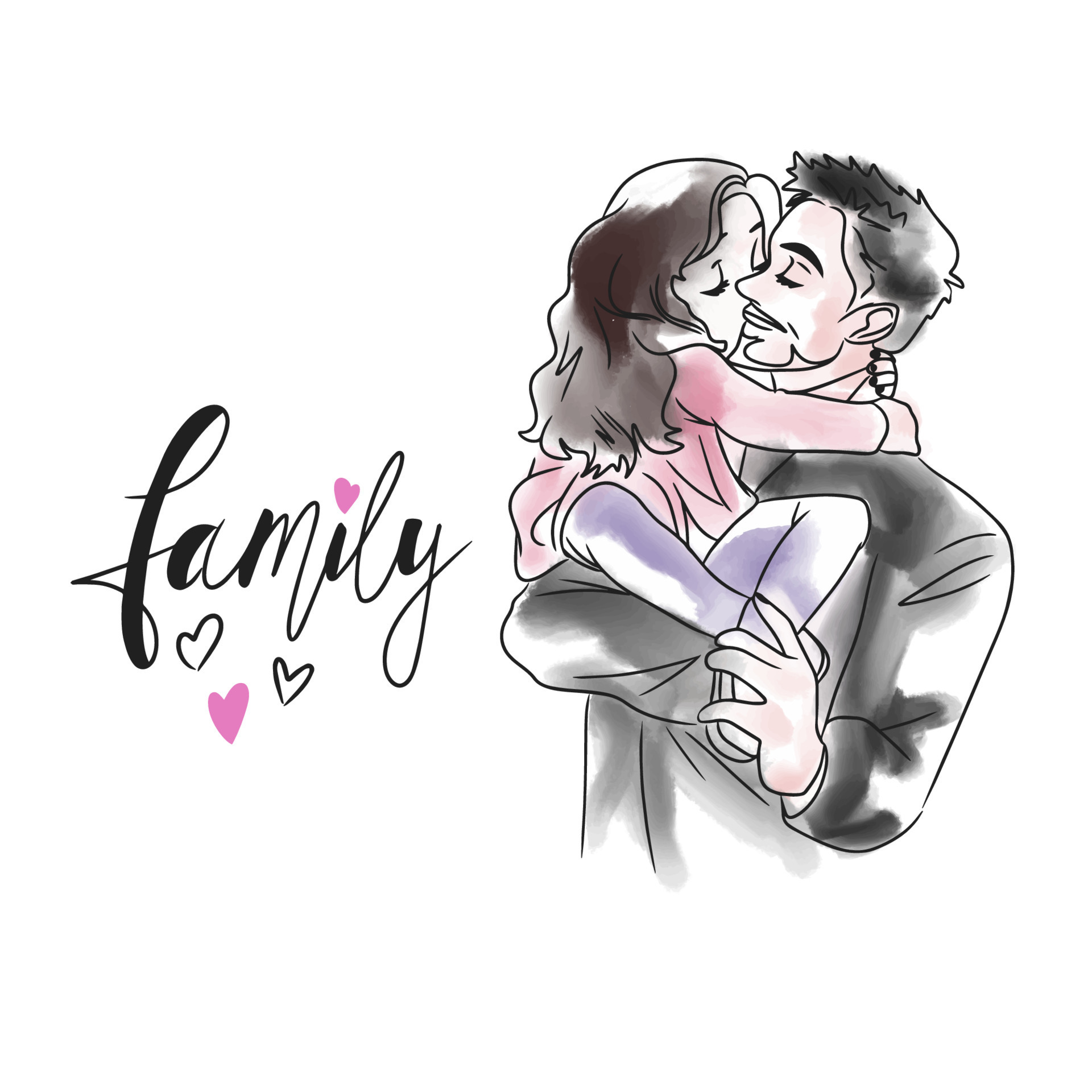 Family, handwritten lettering, cartoon happy family, dad and little ... Family, handwritten lettering, cartoon happy family, dad and little ...
