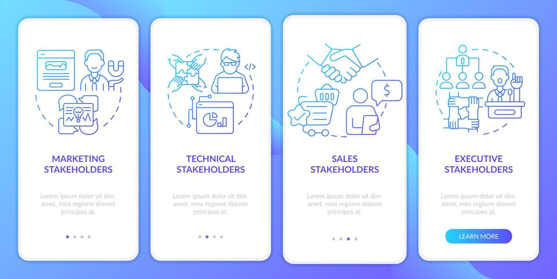Types of stakeholders blue gradient onboarding mobile app screen. Walkthrough 4 steps graphic ...