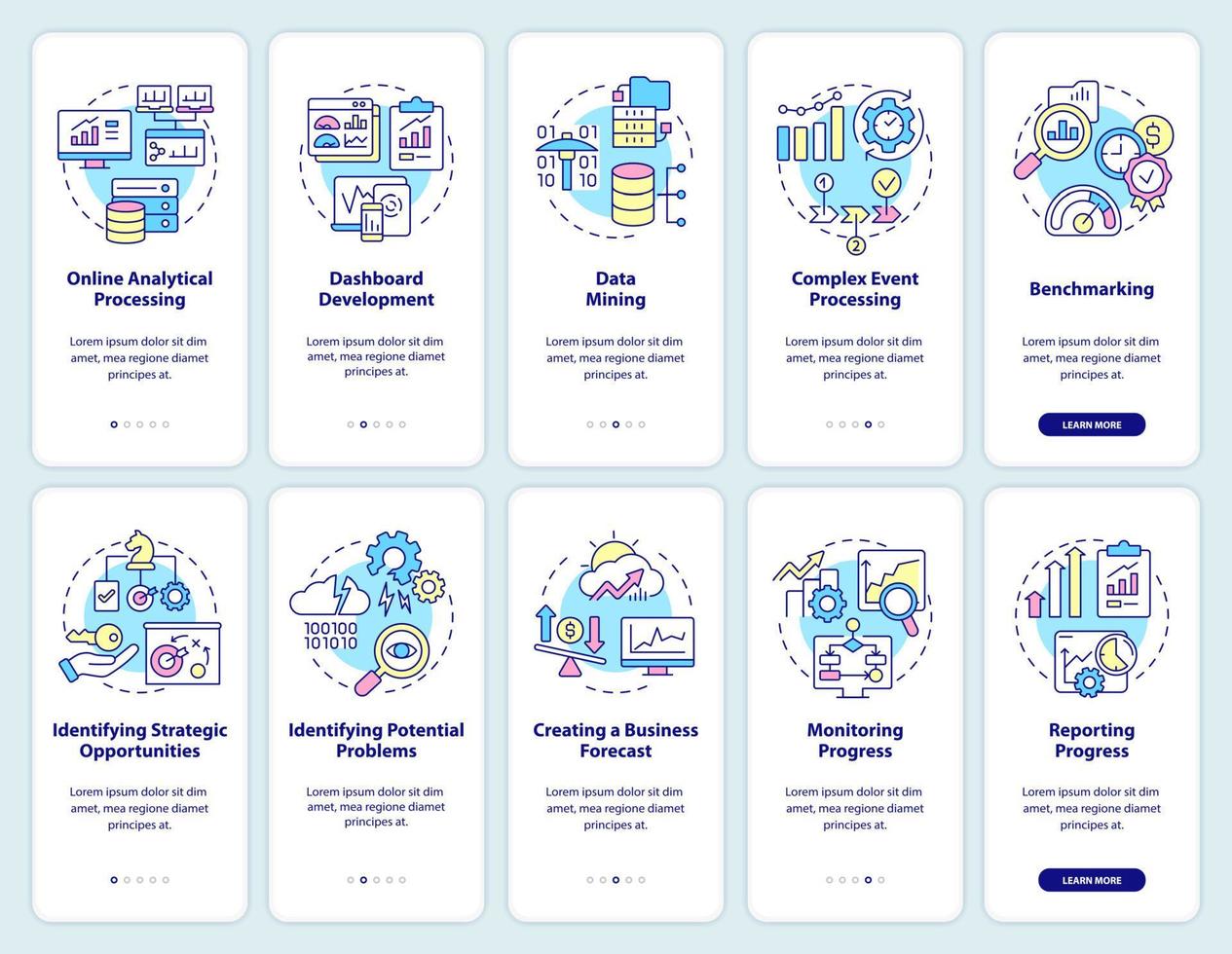 Business Analytics And Intelligence Onboarding Mobile App Screen Set Walkthrough 5 Steps