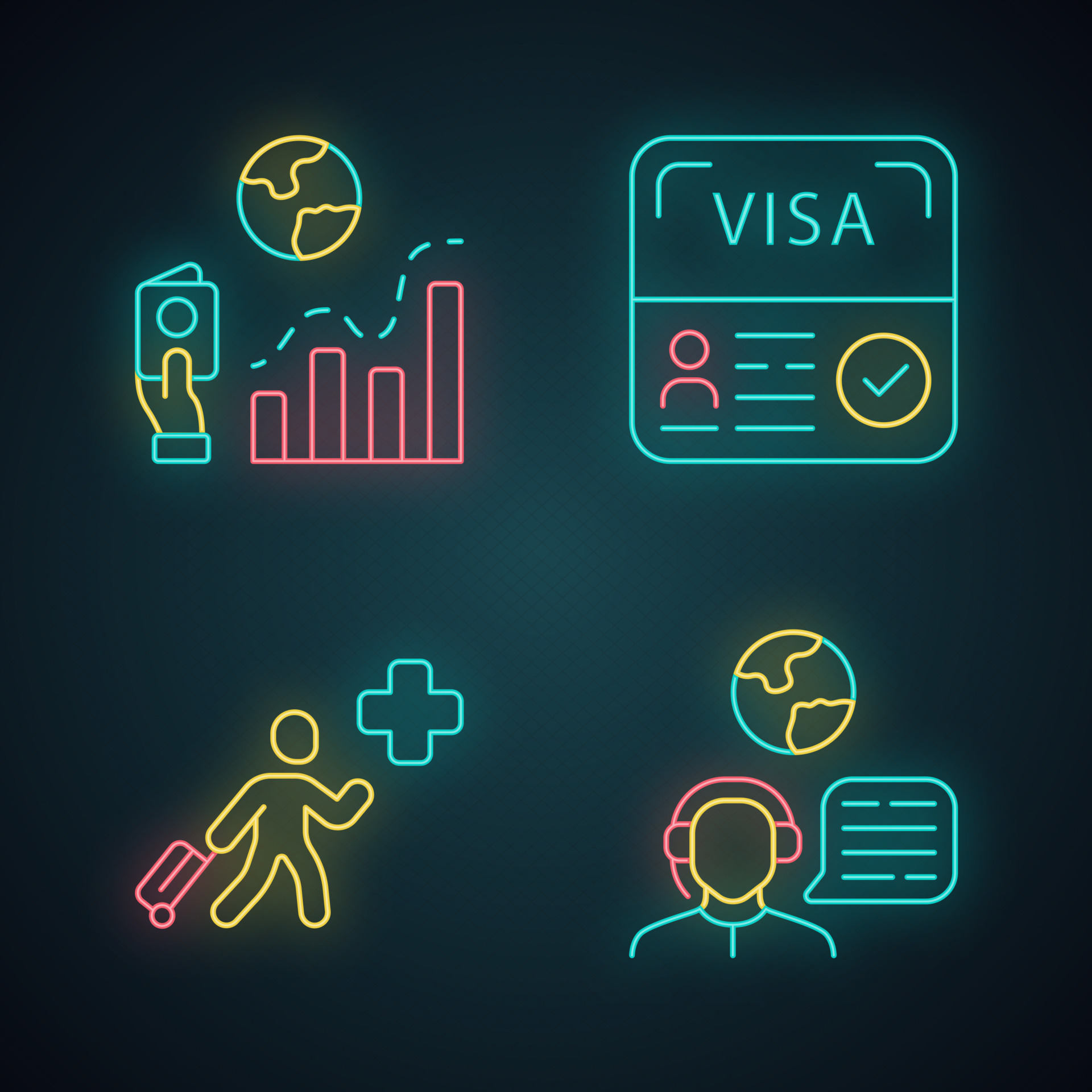 Immigration Neon Light Icons Set Migration Rate Start Up Visa