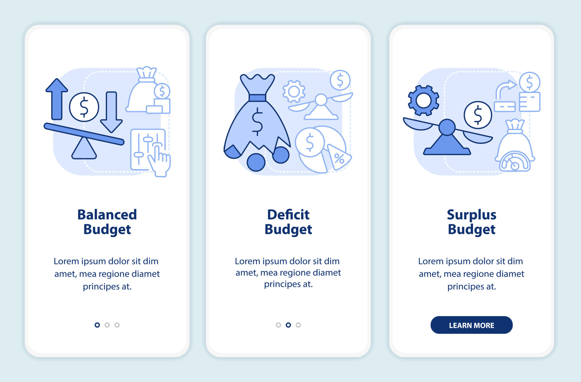 Budget Classification Light Blue Onboarding Mobile App Screen Walkthrough 3 Steps Graphic