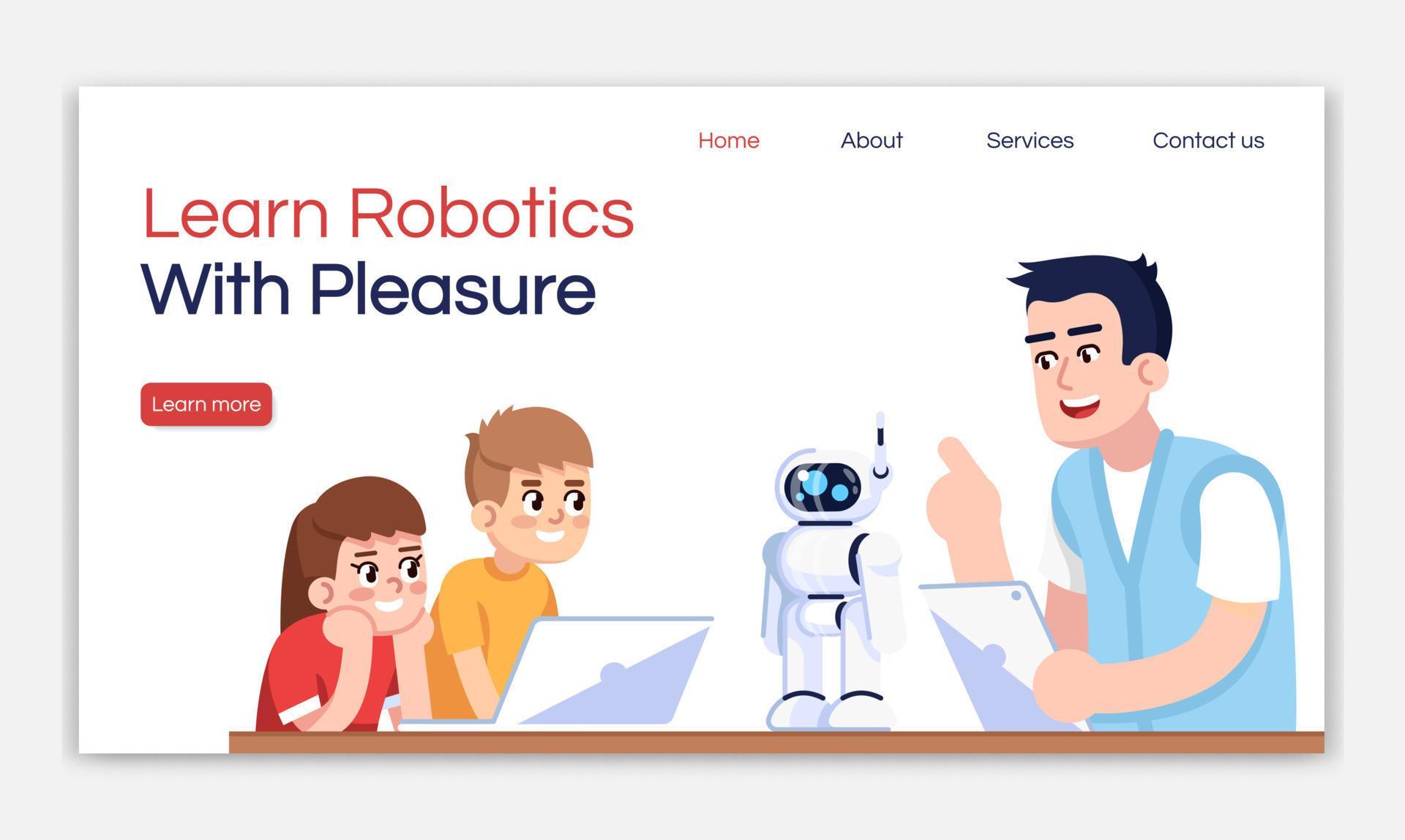 Learn robotics with pleasure landing page vector template. Science club ...