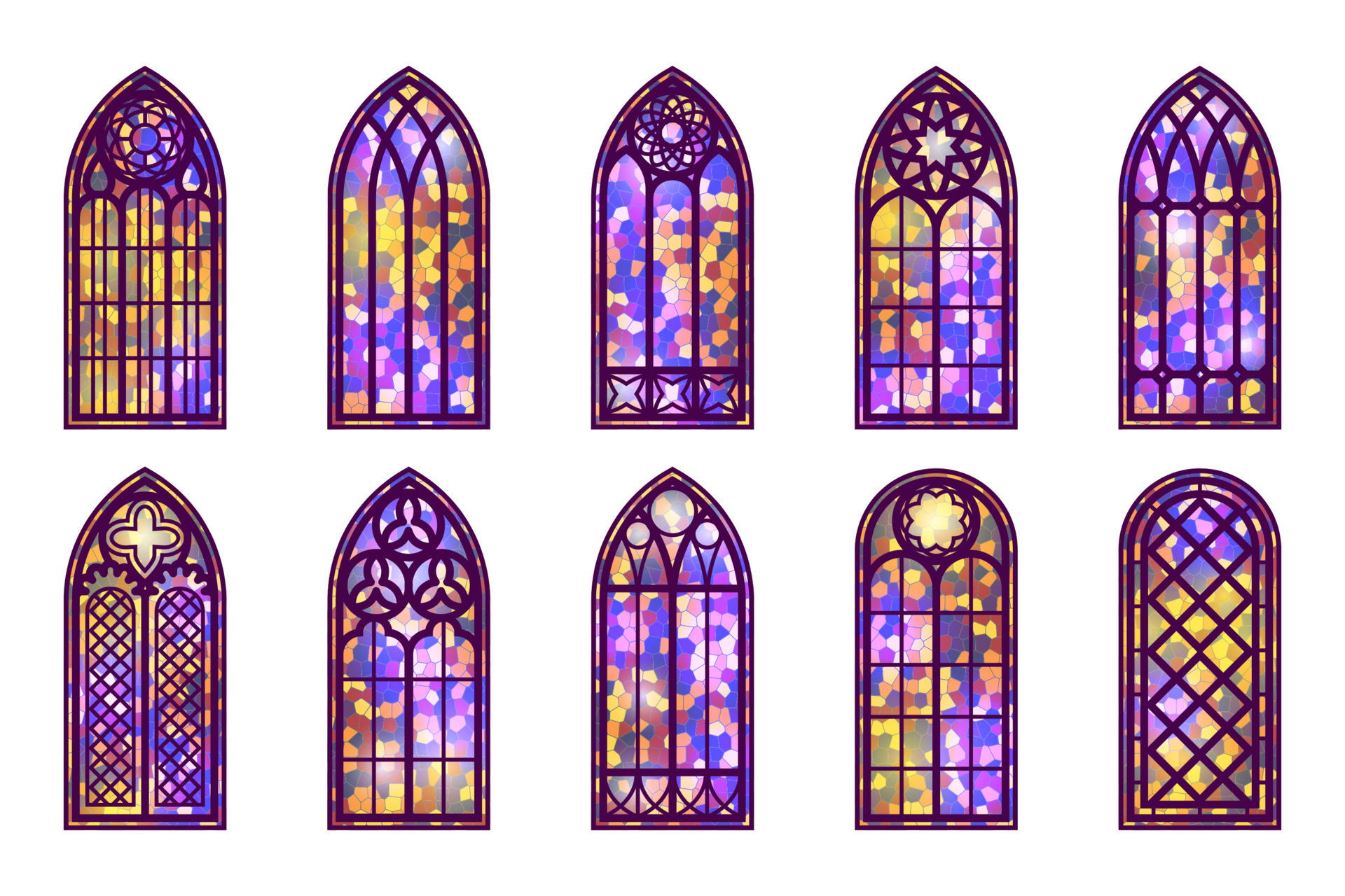 Gothic Windows Set Vintage Stained Glass Church Frames Element Of