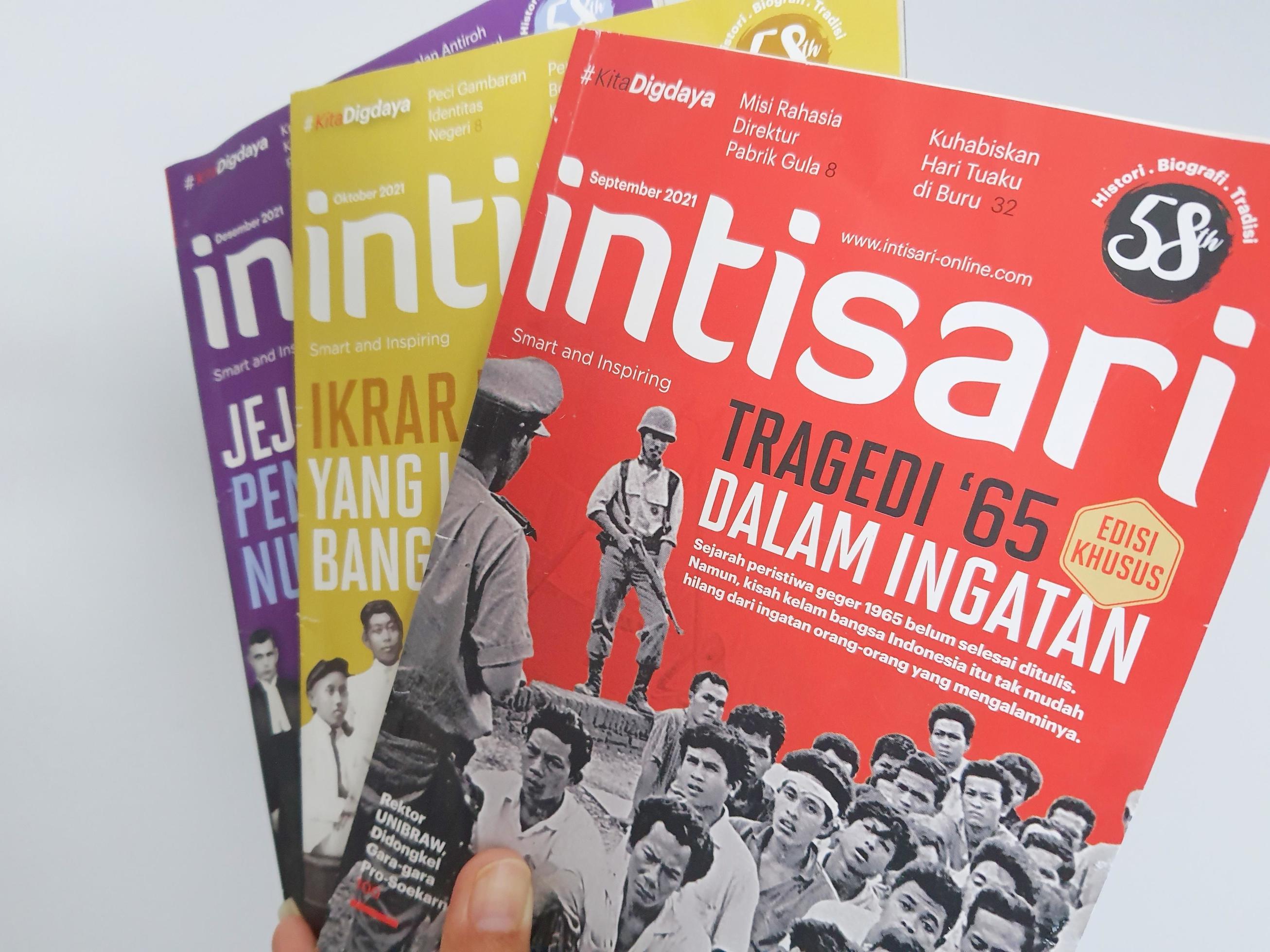 West Java, Indonesia on July 2022. Photo of some Intisari magazines. Intisari is the name of a ...