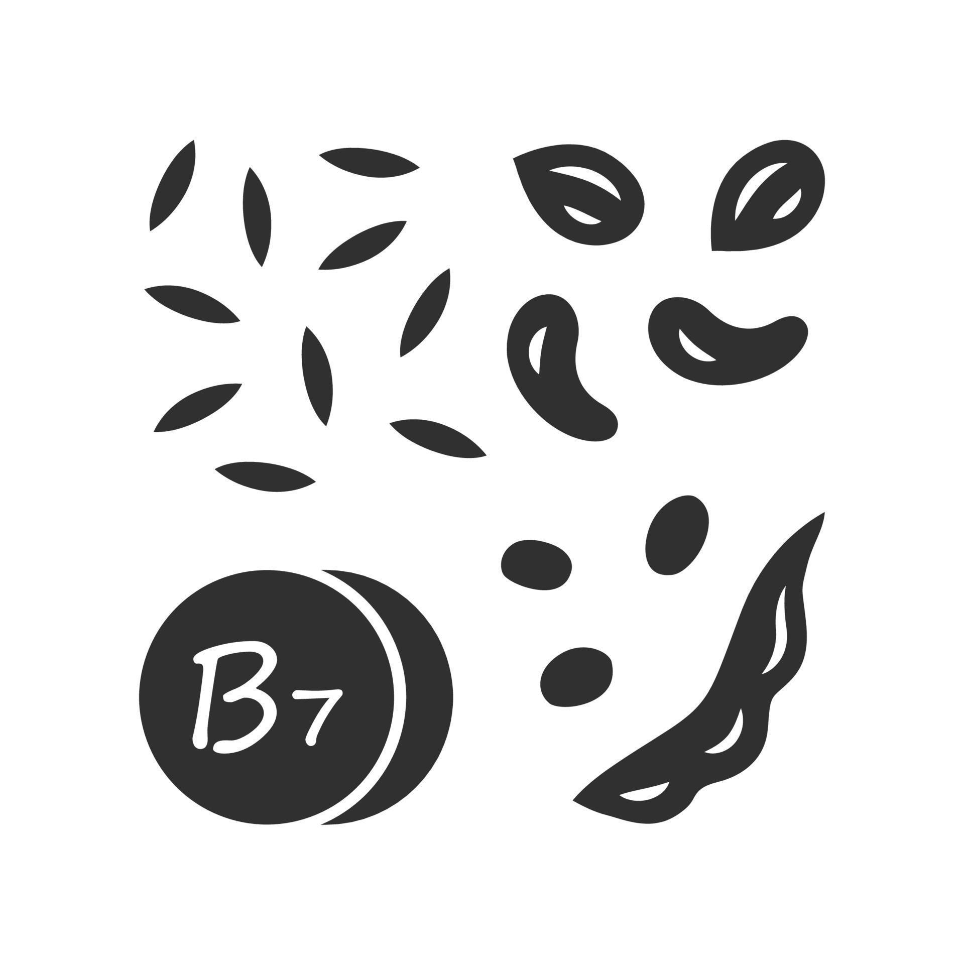 Vitamin B7 glyph icon. Almonds and peanuts. Nuts and peas. Biotin ...