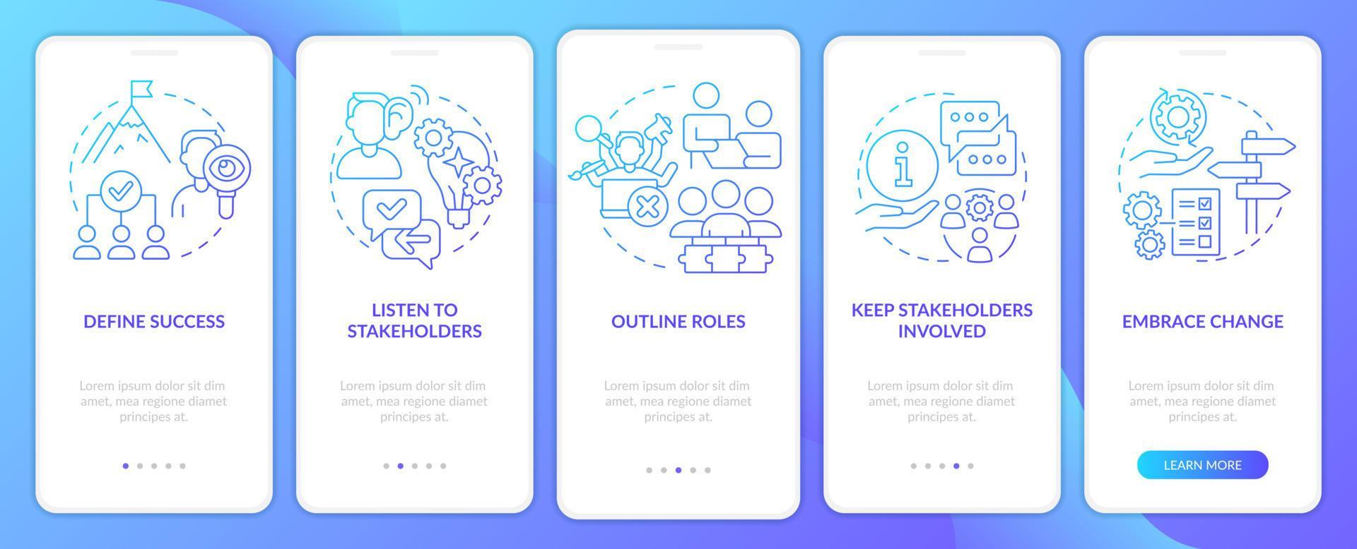 Stakeholder management blue gradient onboarding mobile app screen. Walkthrough 5 steps graphic ...