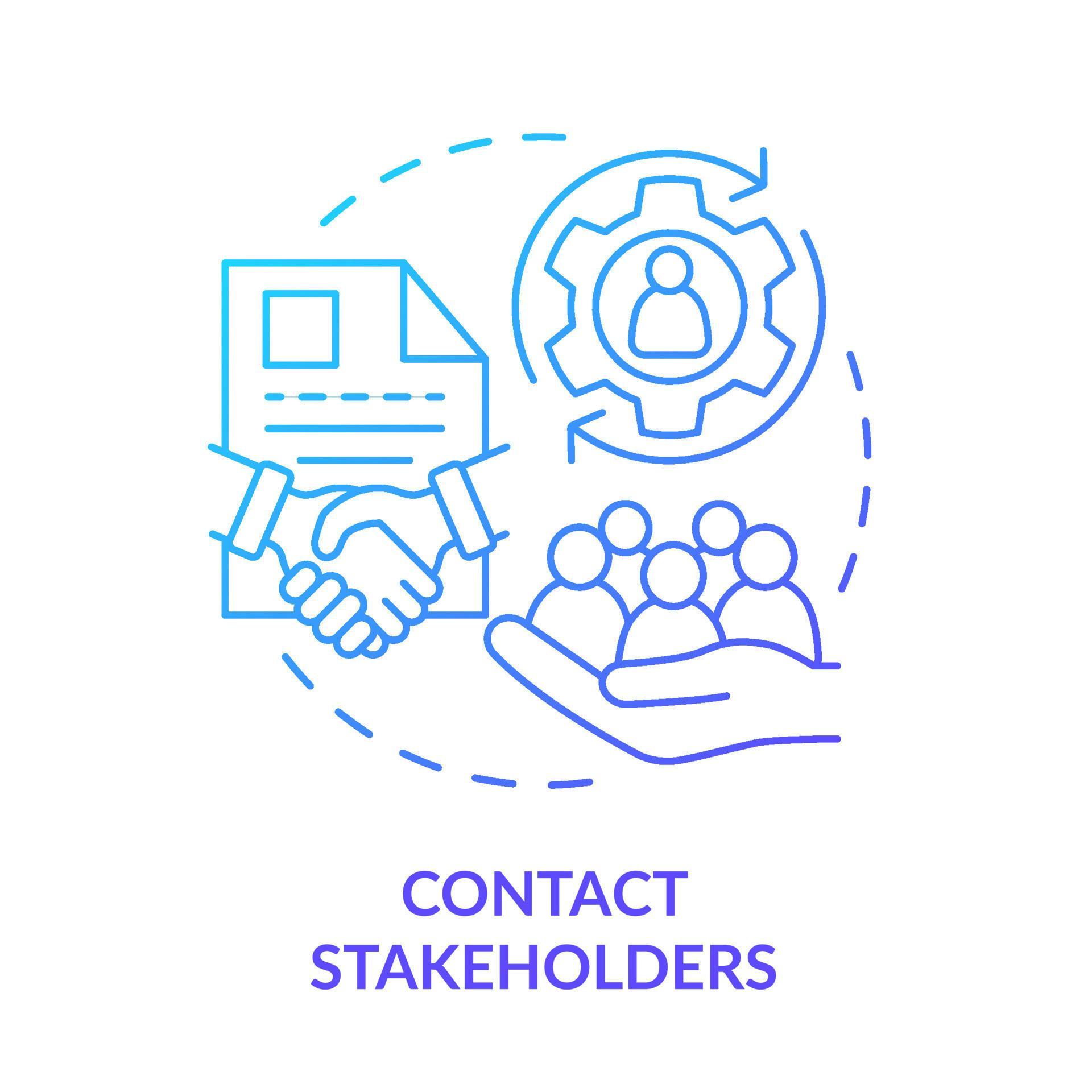 Contact stakeholders blue gradient concept icon. Partnership. Step of stakeholder relations ...